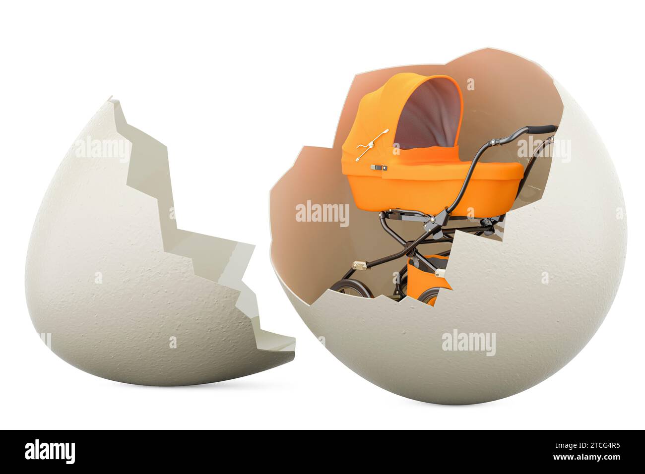 Baby pram inside eggshell, 3D rendering isolated on white background ...