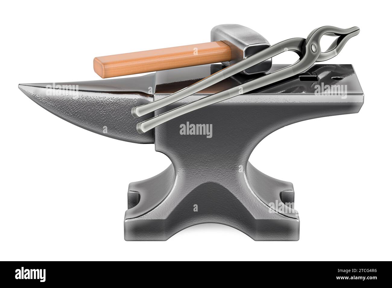 Cast Iron Anvil with Forging Hammer and Blacksmith Tongs, 3D rendering ...