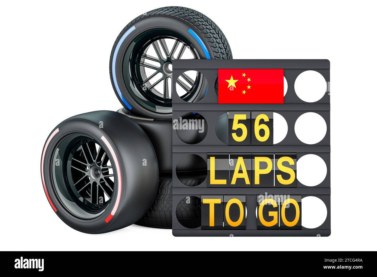 Chinese racing, pit board with flag of China and racing wheels with ...