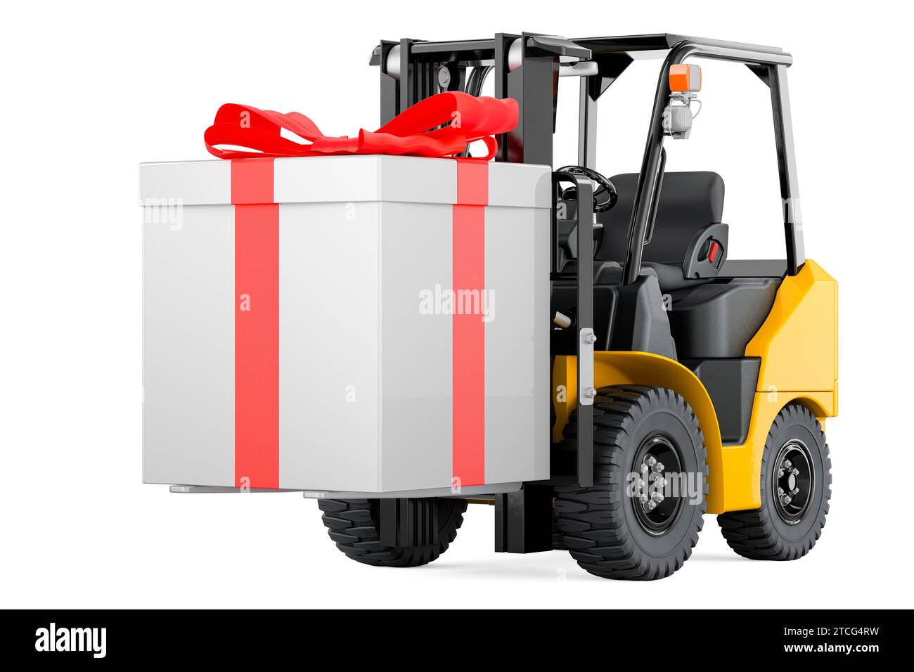 Gift delivery concept. Forklift truck with gift box. 3D rendering ...