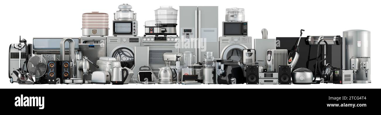 Kitchen and household appliances, silver color. 3D rendering isolated ...
