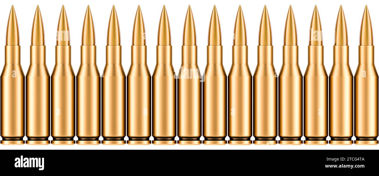 Row from assault rifle bullets, 3D rendering isolated on white ...
