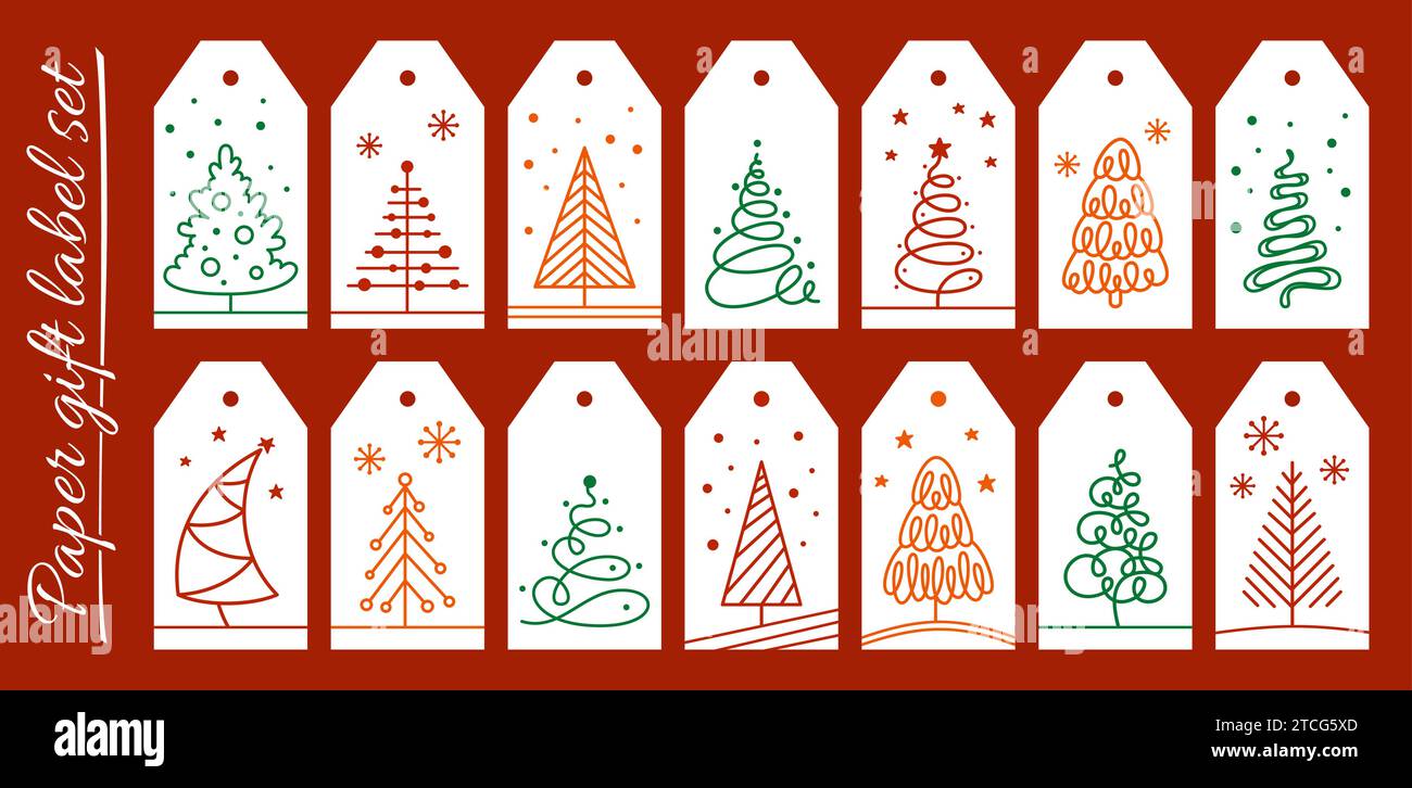 Christmas gift tag with tree cartoon set. New Years and xmas ...