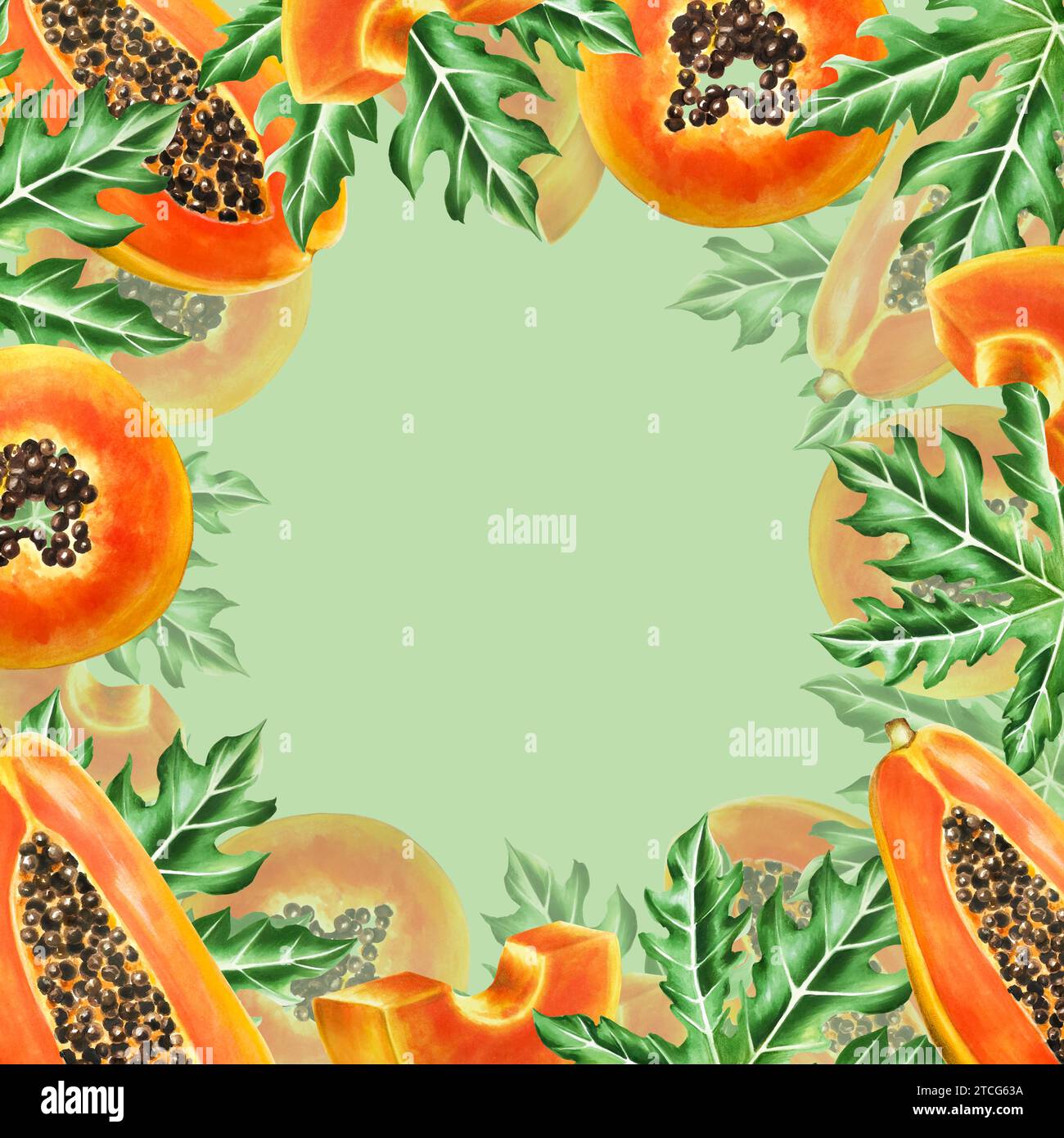 Marker frame and templates with sweet ripe slice of papaya with grains ...