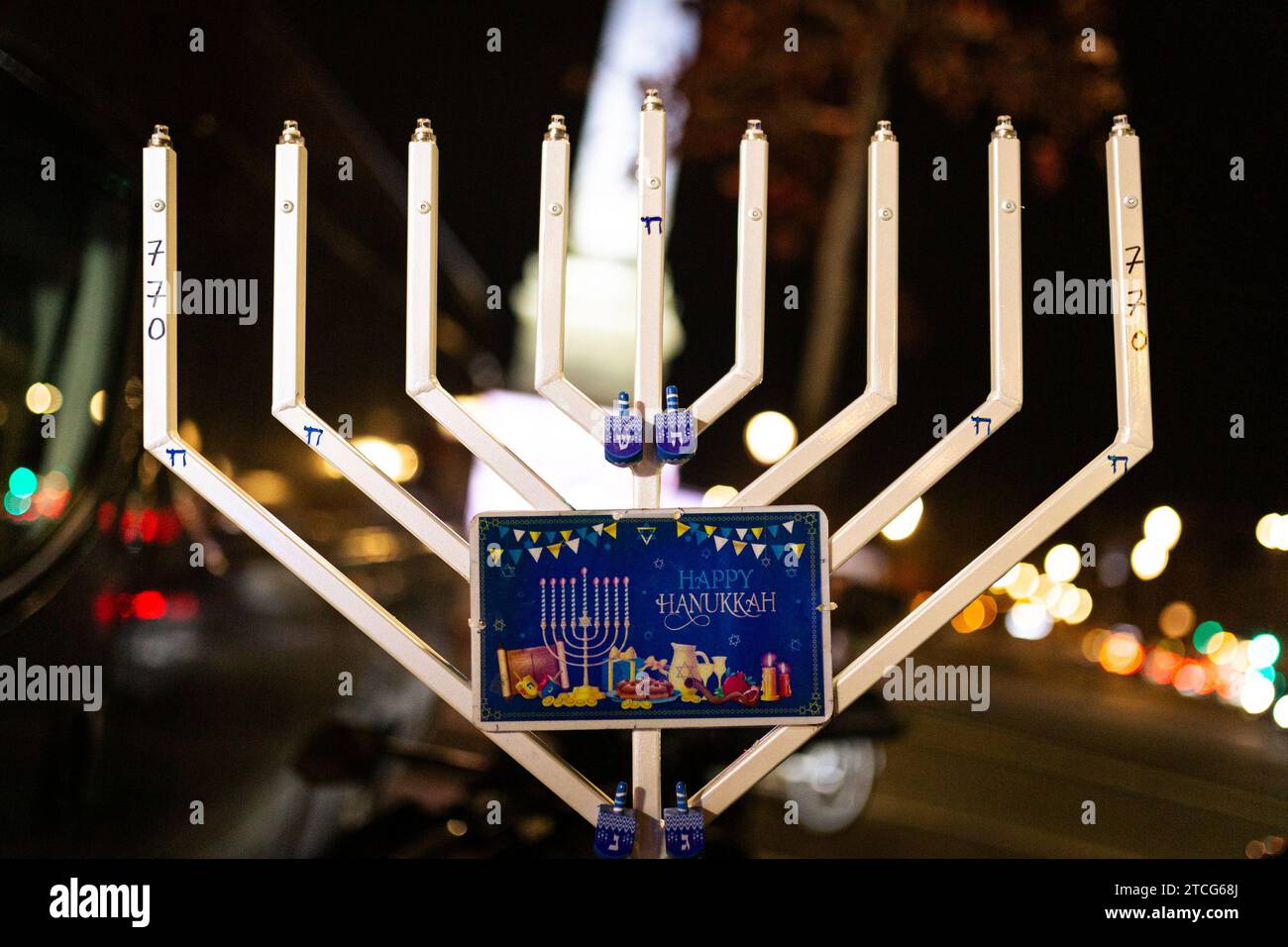 A candelabrum Hanukkiah seen during the Hanukkah festivities at Place ...