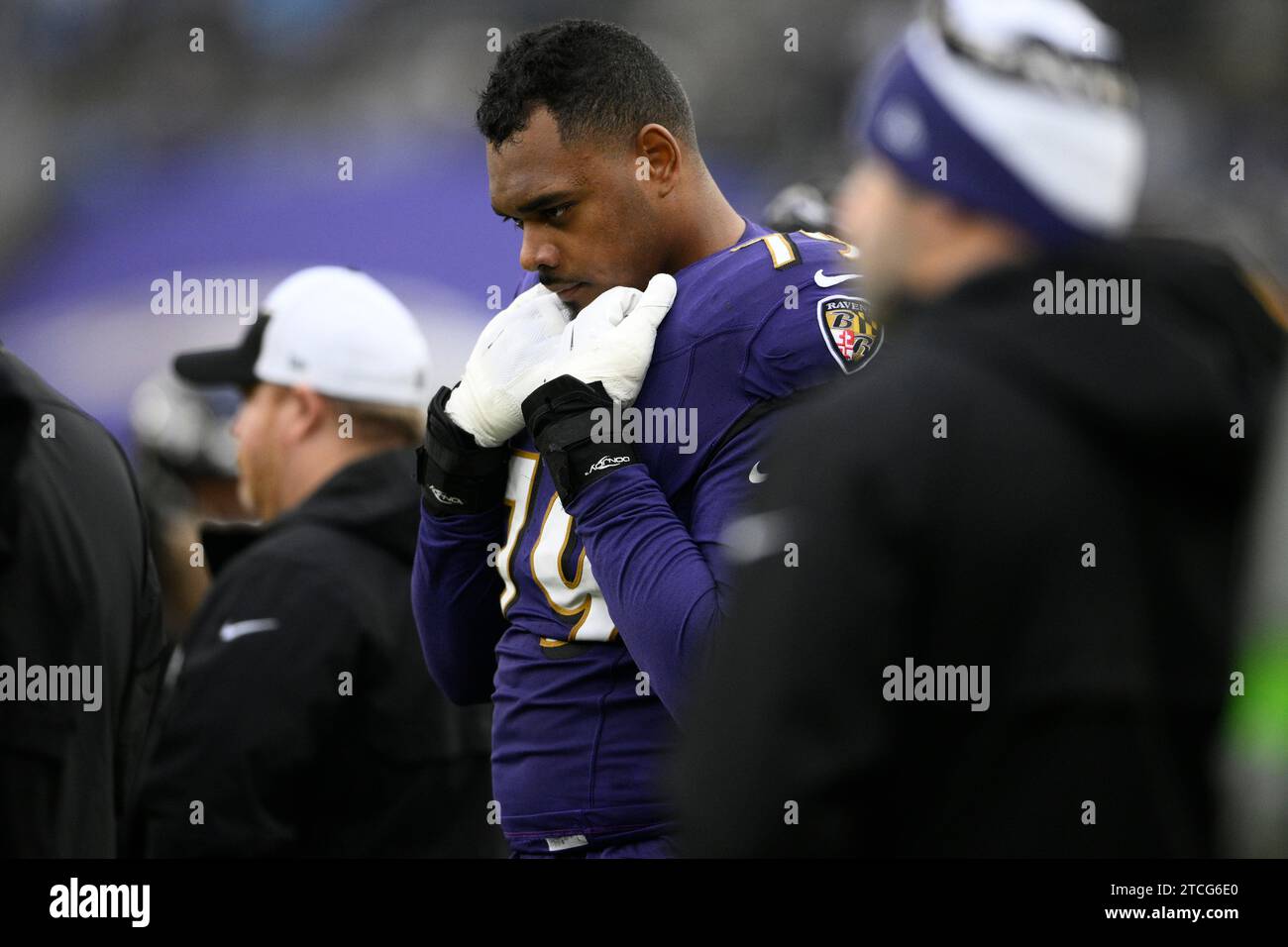 Baltimore Ravens offensive tackle Ronnie Stanley (79) looks on during ...
