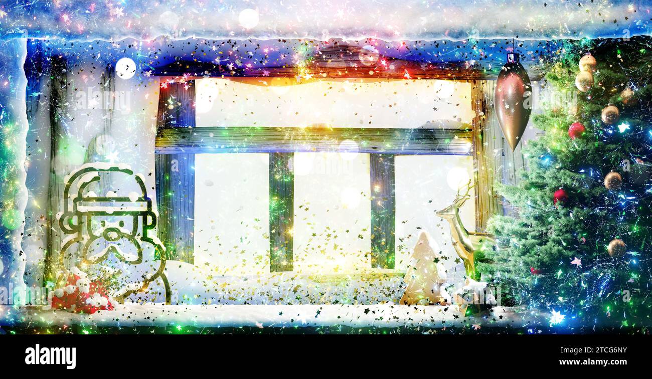 Christmas background. Winter frosted window with falling snow outside ...