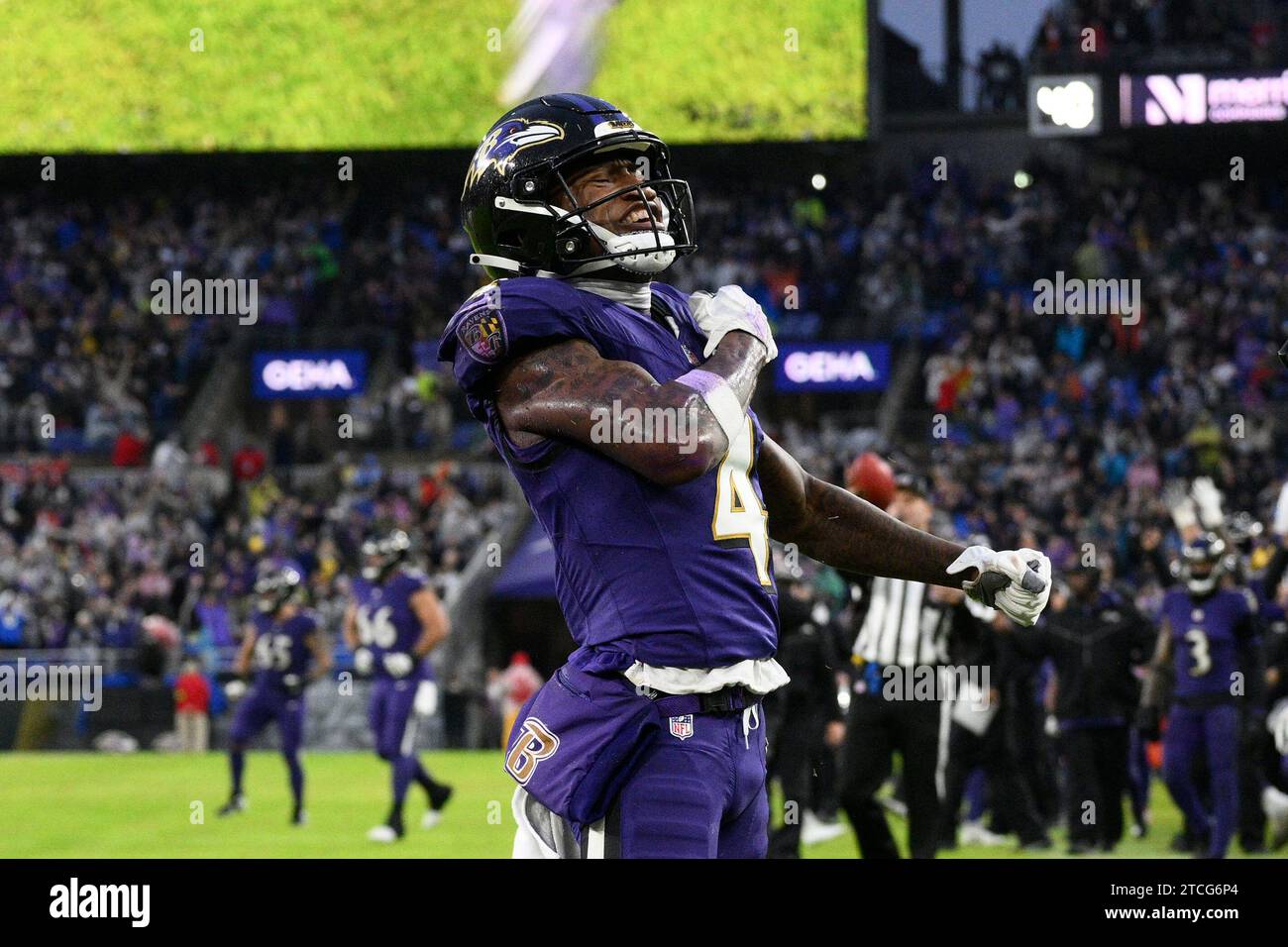 Baltimore Ravens wide receiver Zay Flowers (4) celebrates his touchdown ...
