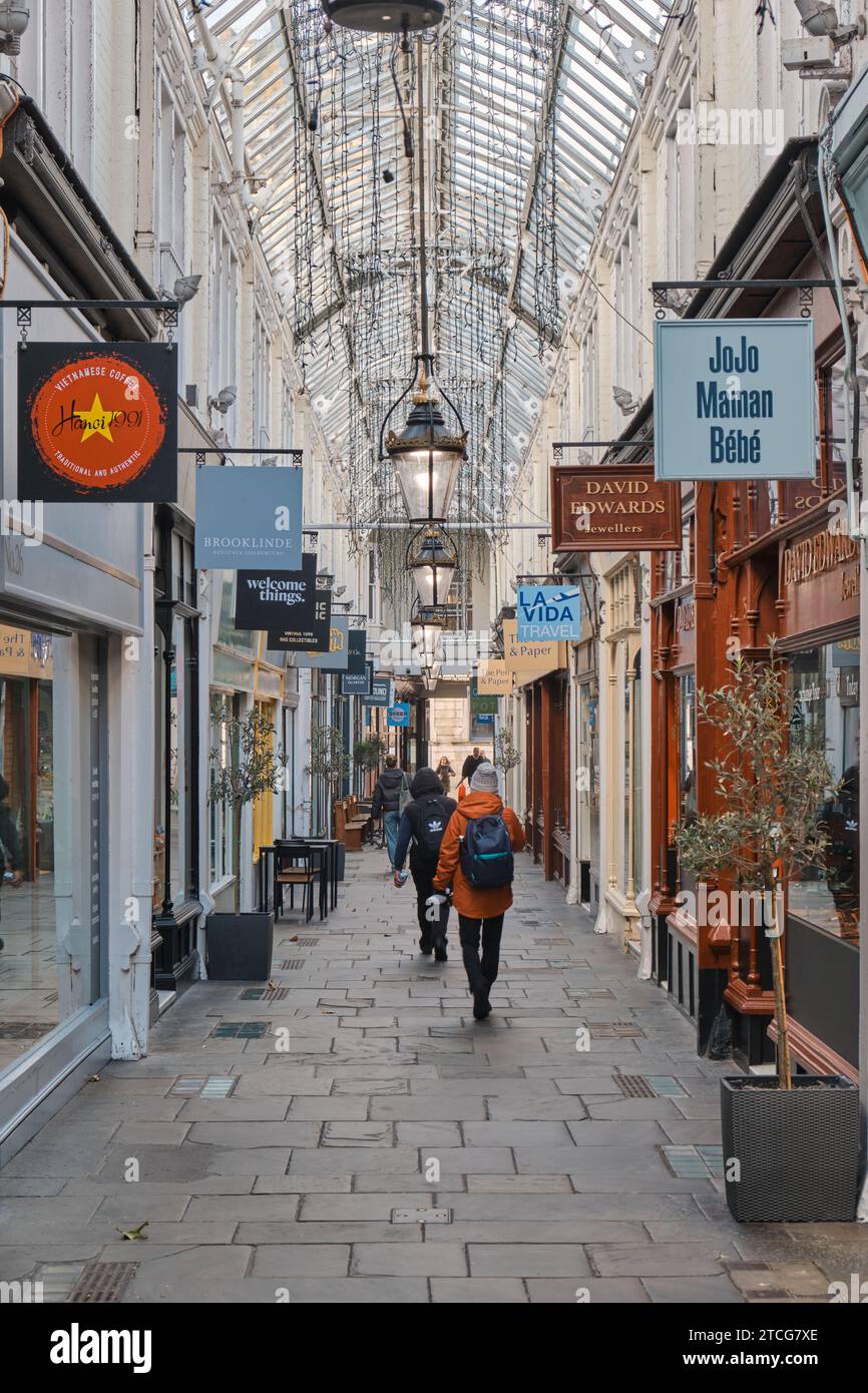 Cardiff, South Glamorgan, Wales, Europe - November 13, 2023: Small retail stores lining Royal ...