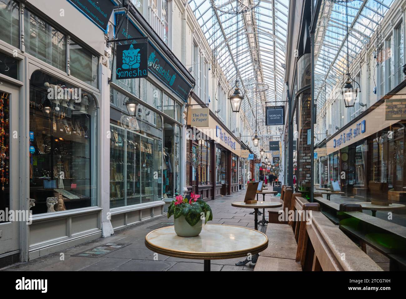 Cardiff, South Glamorgan, Wales, Europe - November 13, 2023: Small retail stores lining Royal ...