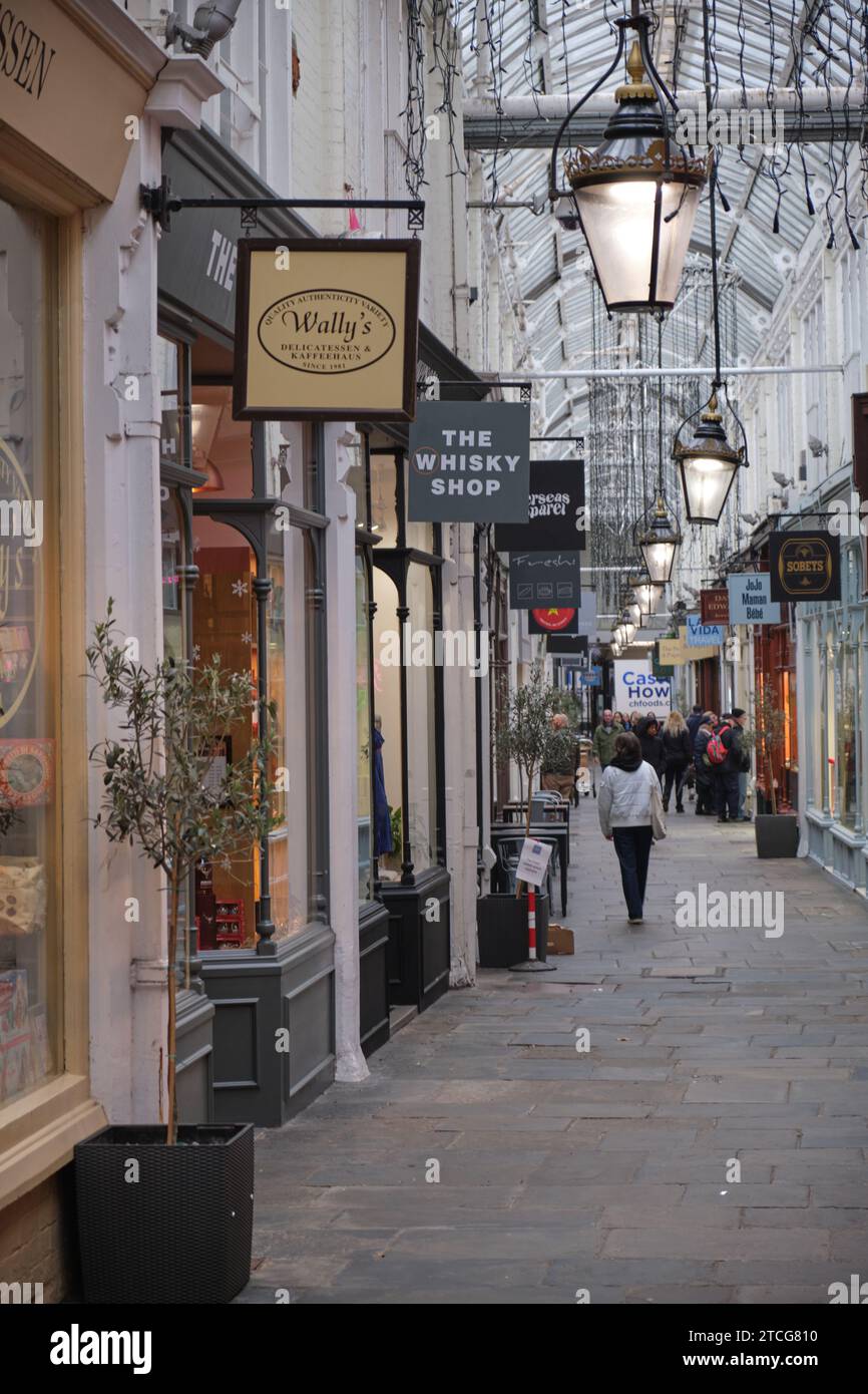 Cardiff, South Glamorgan, Wales, Europe - November 14, 2023: Royal Arcade small retail units ...