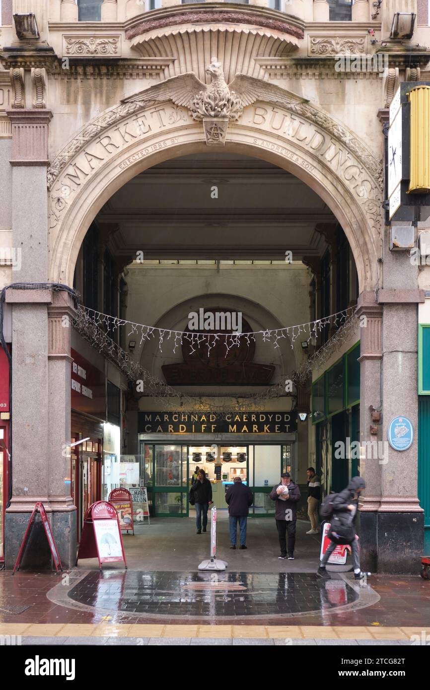 Cardiff, South Glamorgan, Wales, Europe - November 14, 2023: Cardiff market entrance on St Mary ...