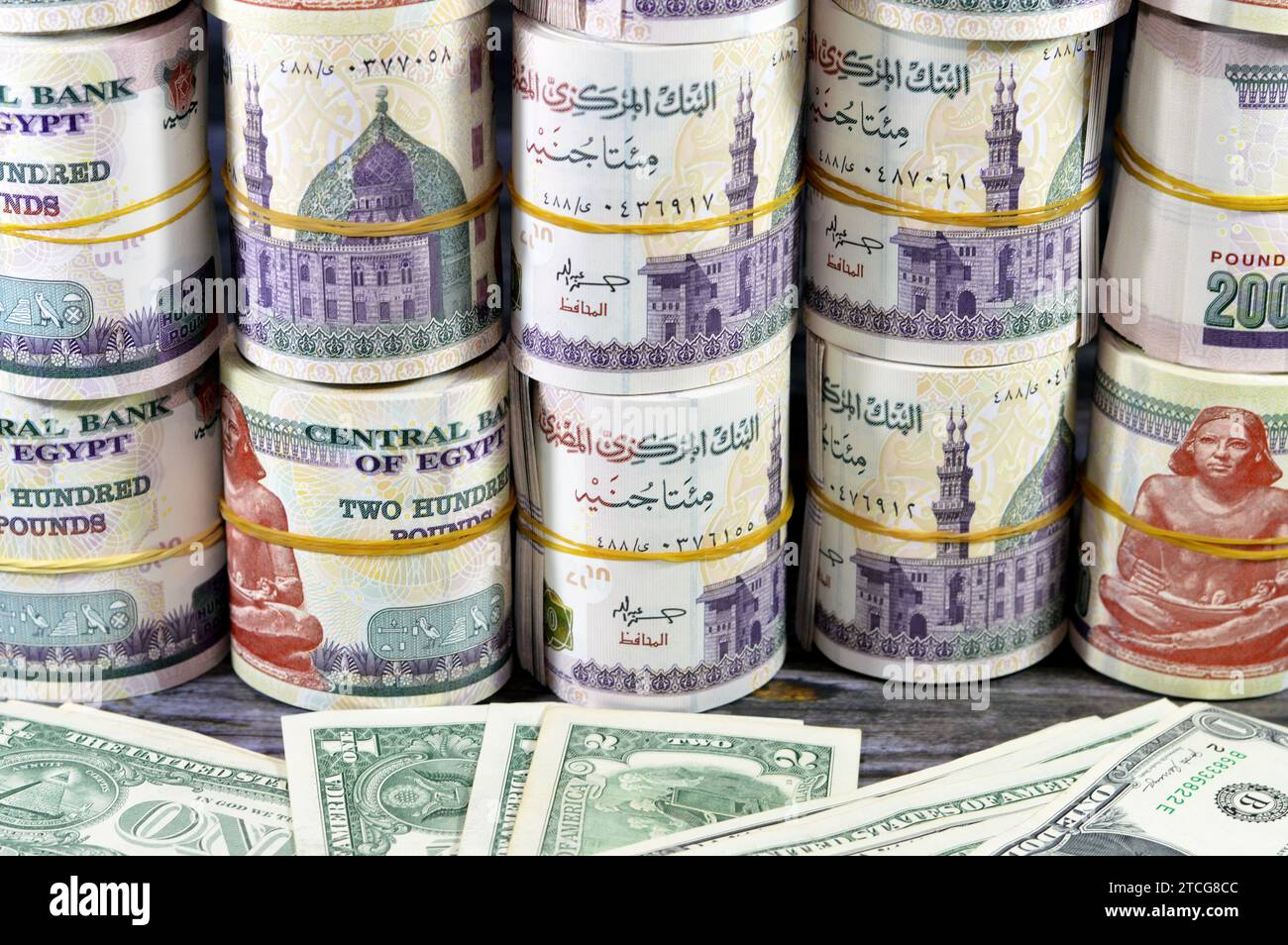 Piles and bundles of Egypt money thousands of Pounds currency banknotes ...