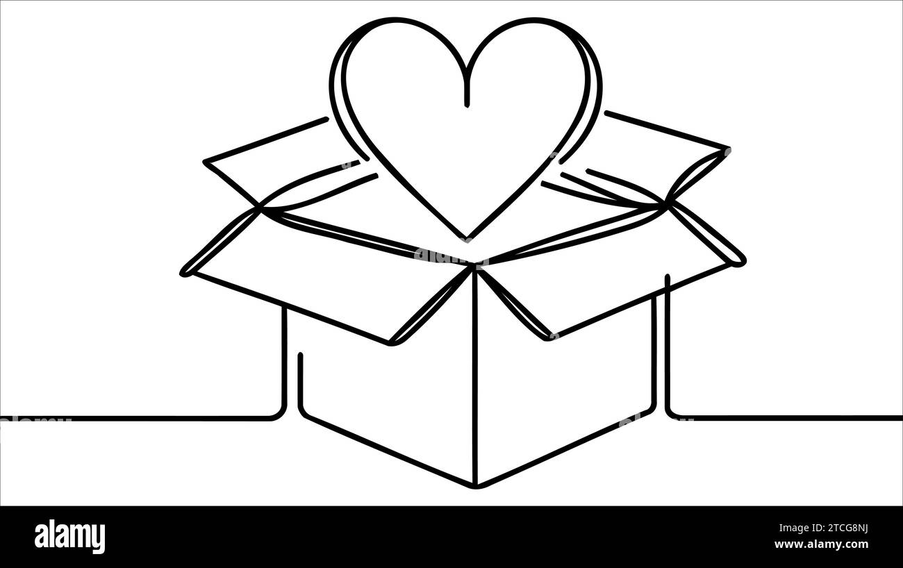 Gift box with heart of love, one line art continuous drawing. Present ...