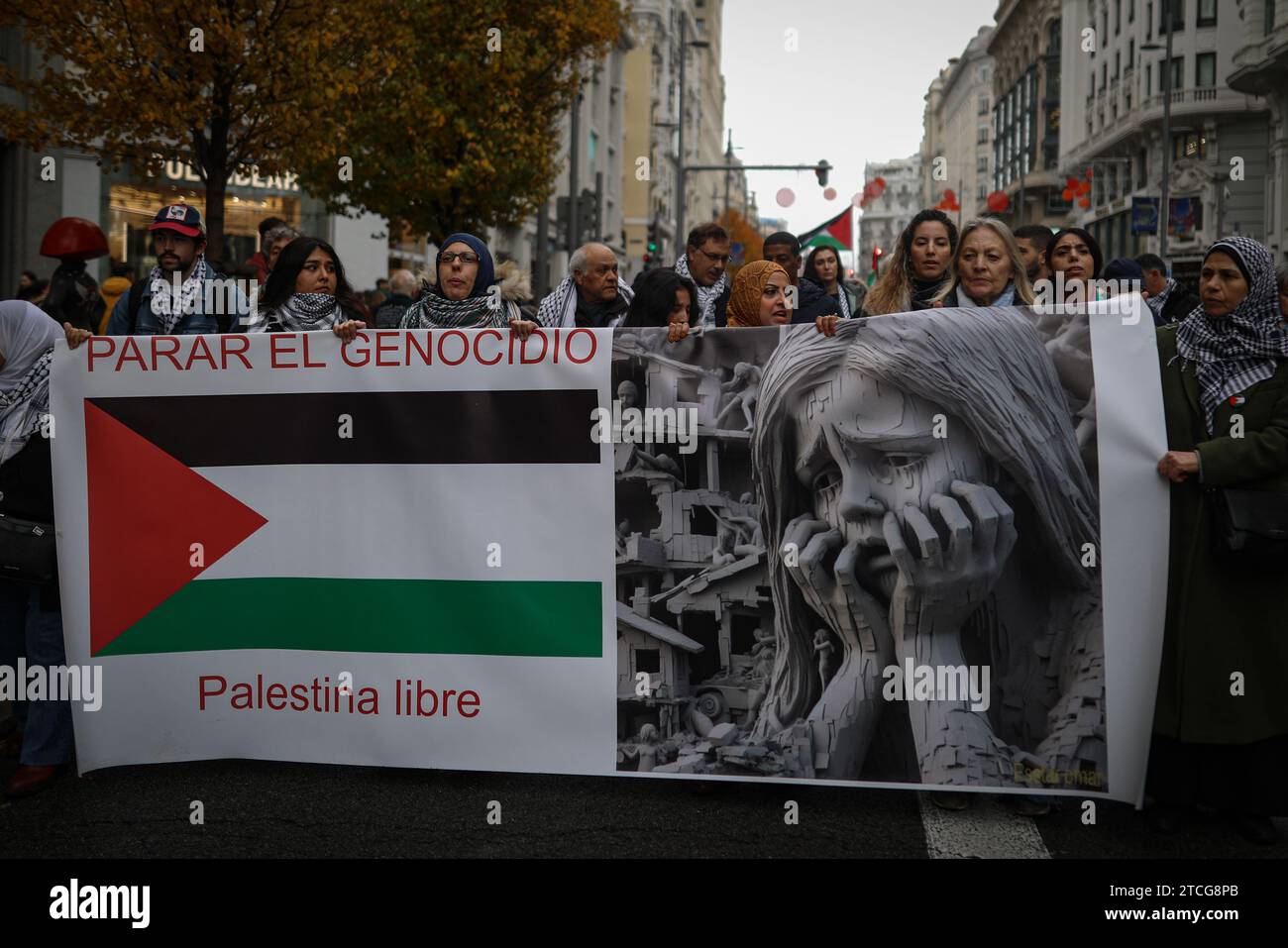 A pro-Palestinian banner during the demonstration. On the occasion of ...
