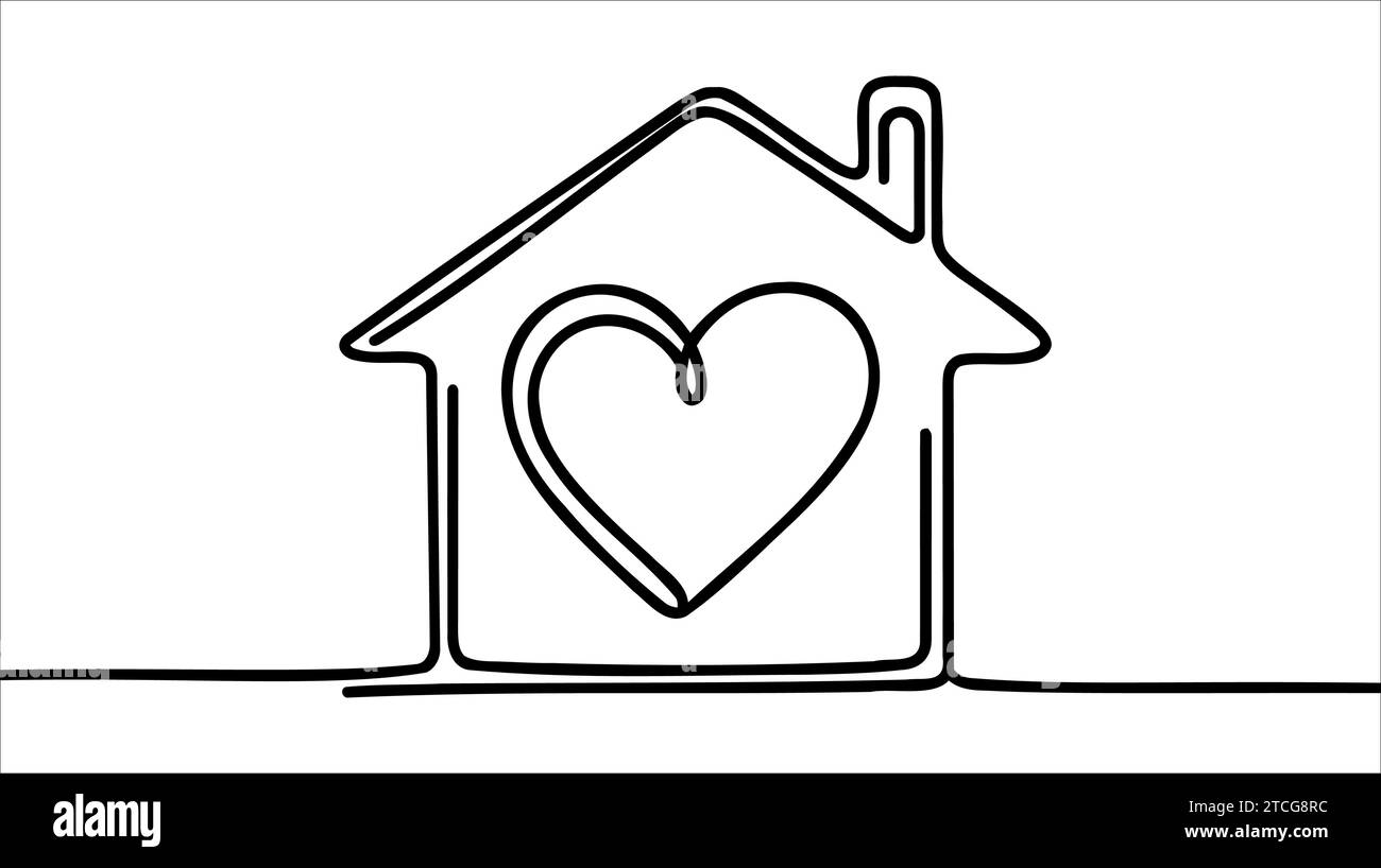 Home with heart line art drawing vector illustration. Continuous one ...