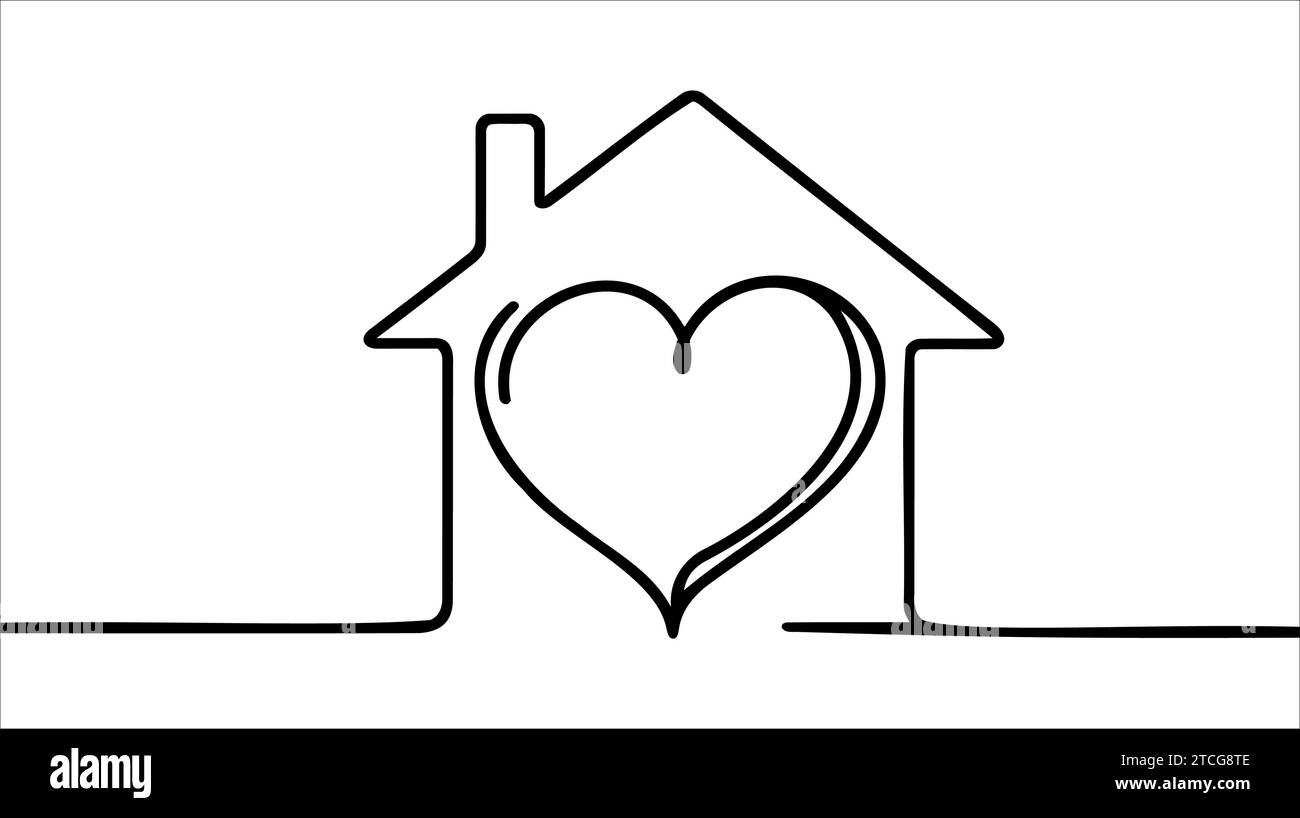 Home with heart line art drawing vector illustration. Continuous one ...