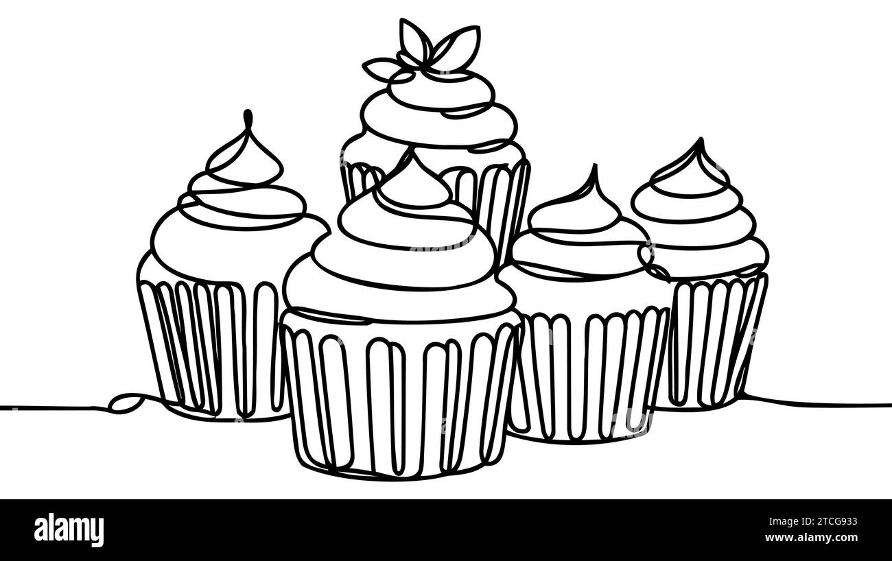 Muffin cake one single line drawing for logo. Sweet cupcake with cherry ...
