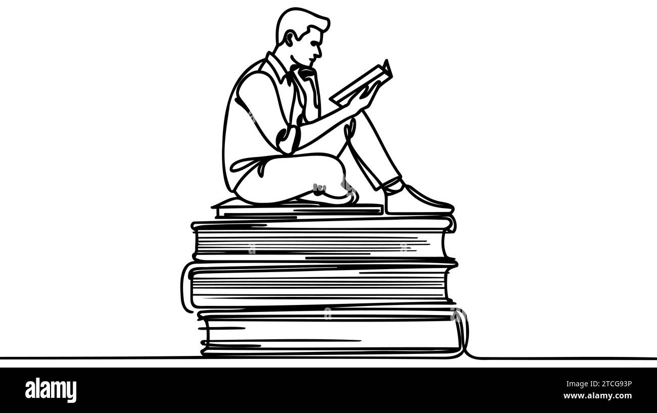 Single one line drawing man sitting on pile of large books. Read ...