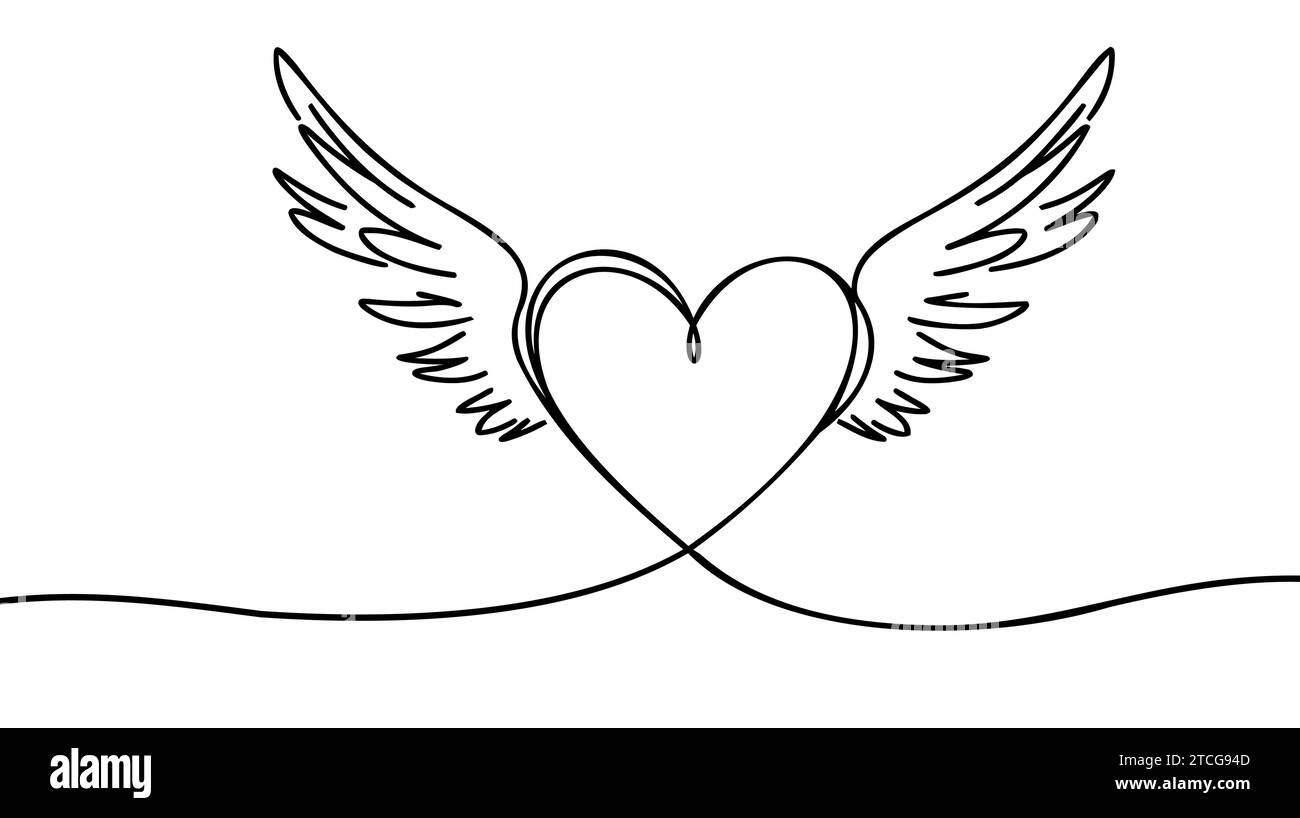 Continuous line drawing. Heart with wings. Valentine's day. Love. Black ...
