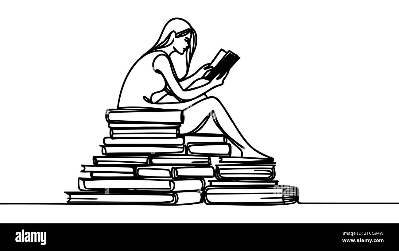 Single one line drawing woman sitting on pile of large books. Read ...