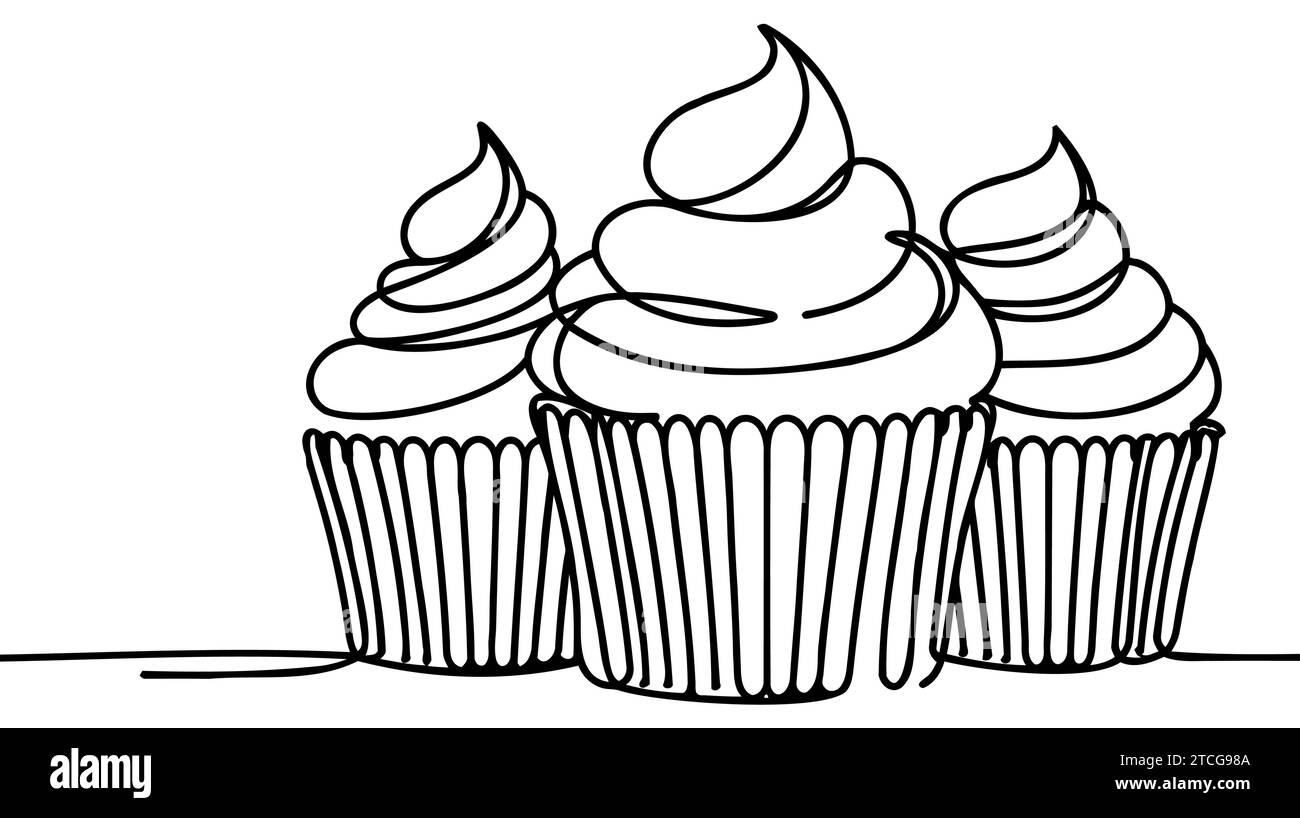 Muffin cake one single line drawing for logo. Sweet cupcake with cherry ...