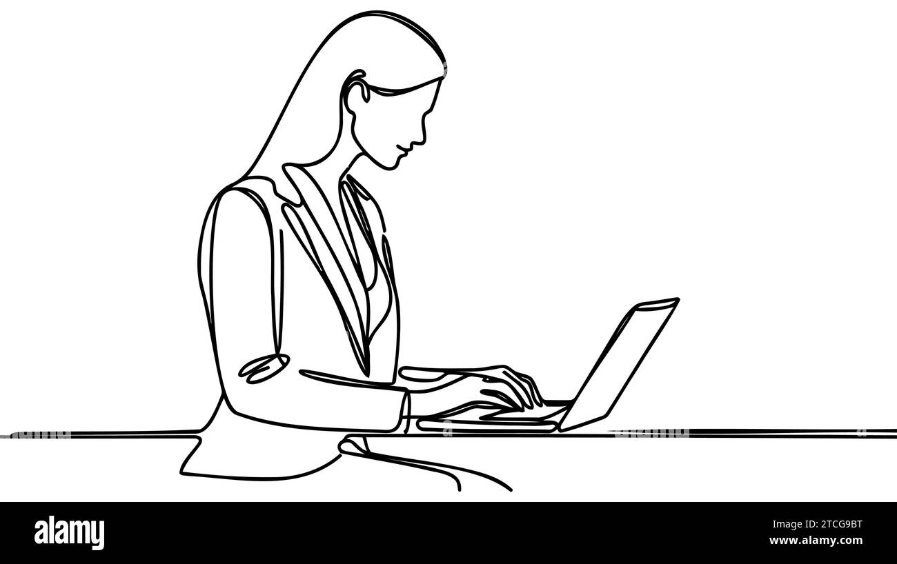 Continuous line drawing of professional young business woman using ...