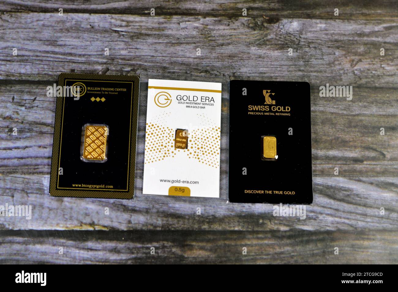 Cairo, Egypt, December 10 2023: BTC, Swiss Gold, Gold Era 24 Karate ...
