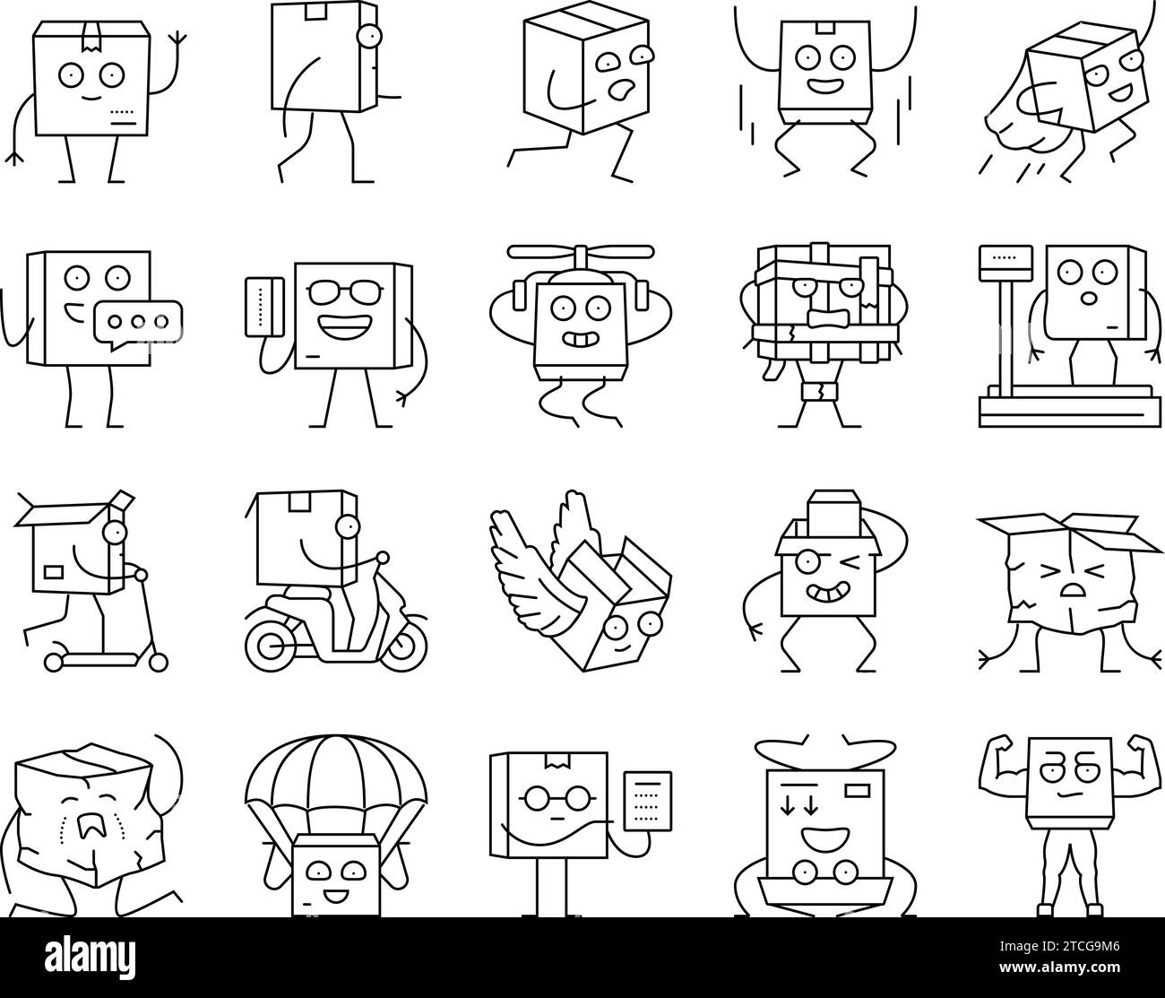 Cardboard box character icons set vector package delivery hi-res stock ...