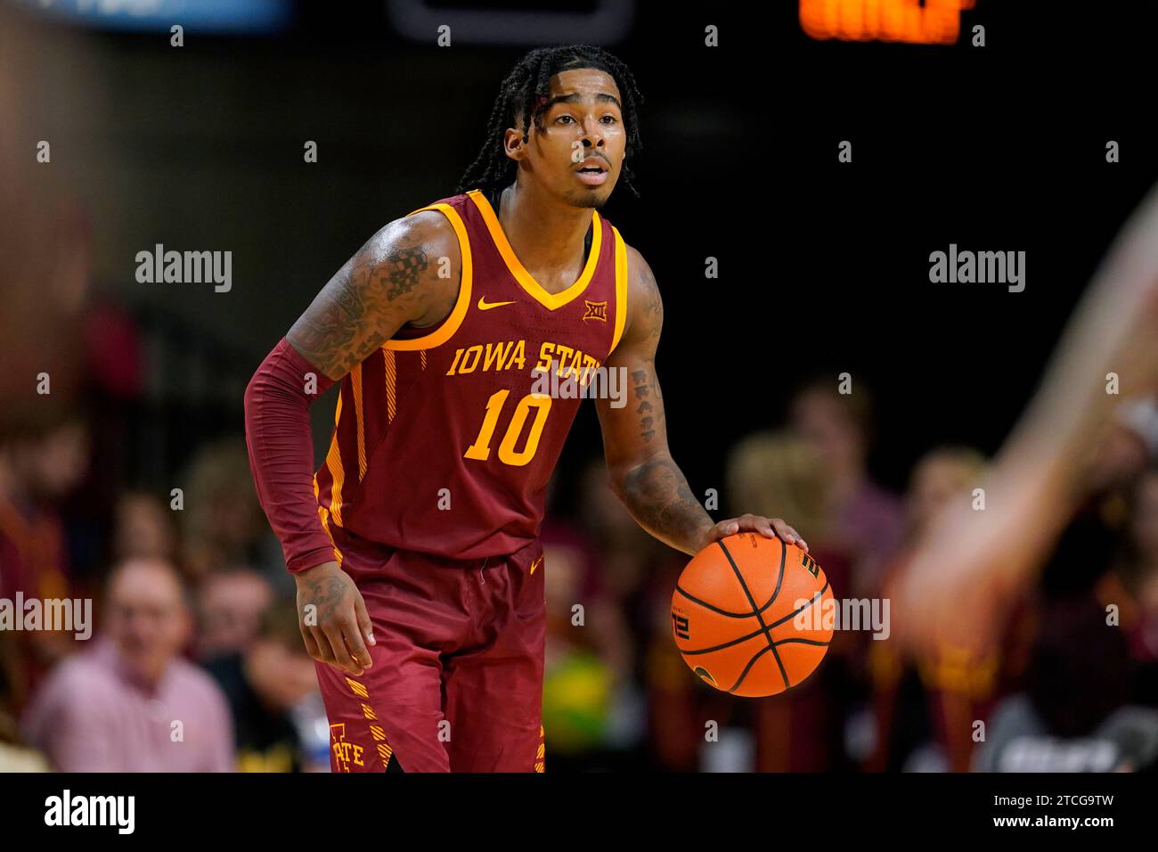 Iowa State guard Keshon Gilbert (10) drives up court during the second ...