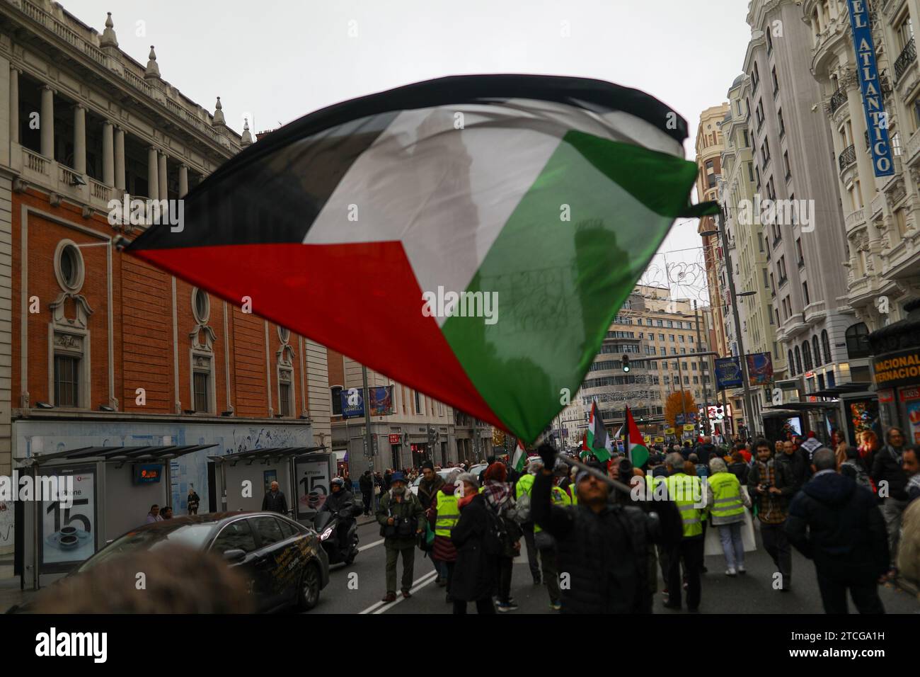 Madid, Spain. 10th Dec, 2023. A Palestinian flag flies during the ...