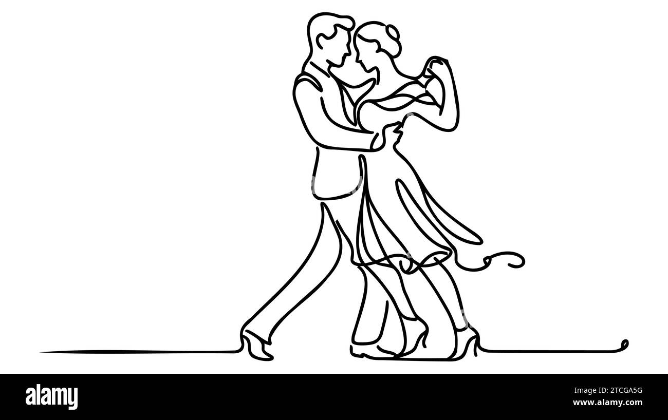 Single one line drawing happy cute married man and woman dancing on the ...