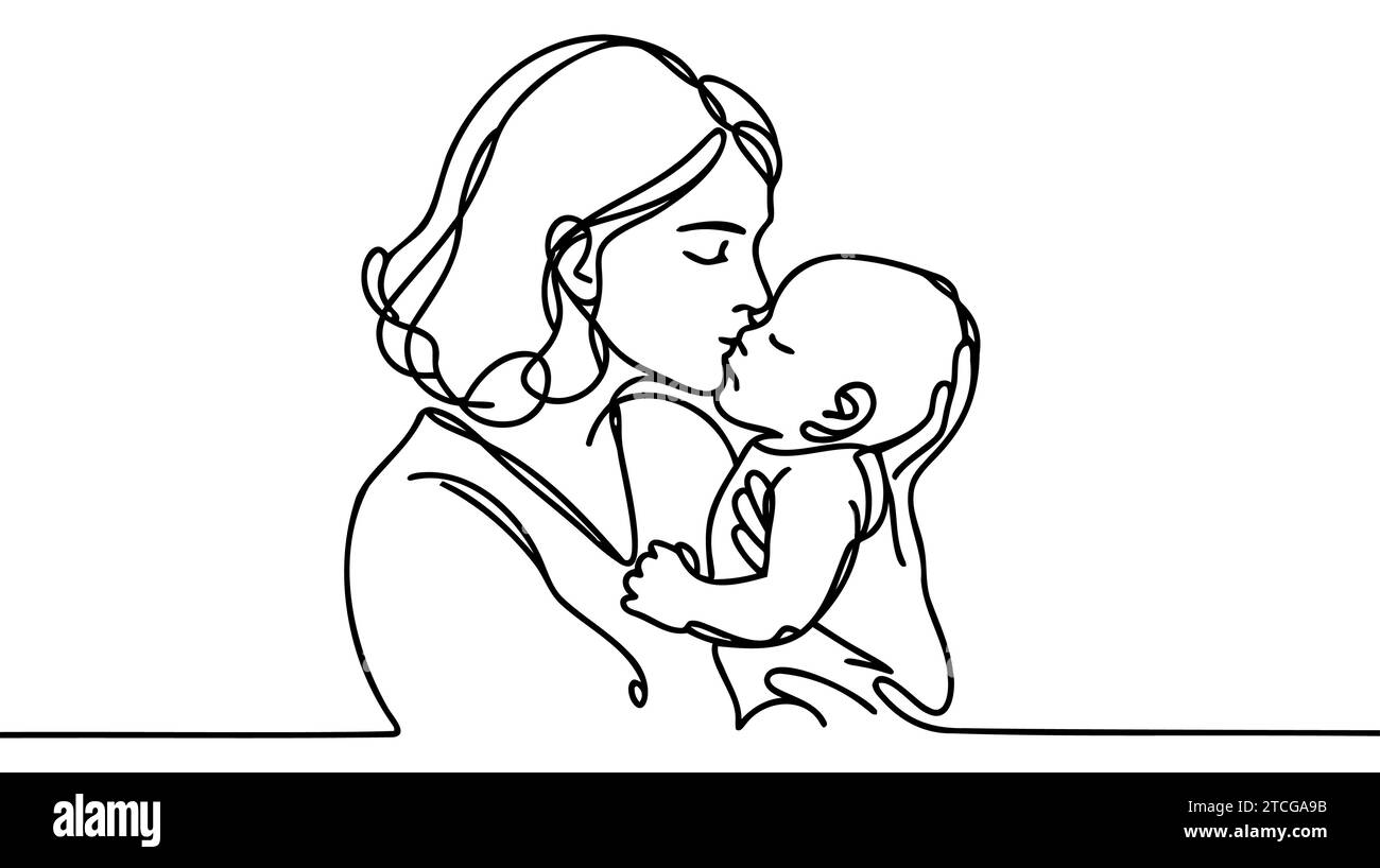 Continuous line drawing mother kisses baby. One line drawing of mother ...