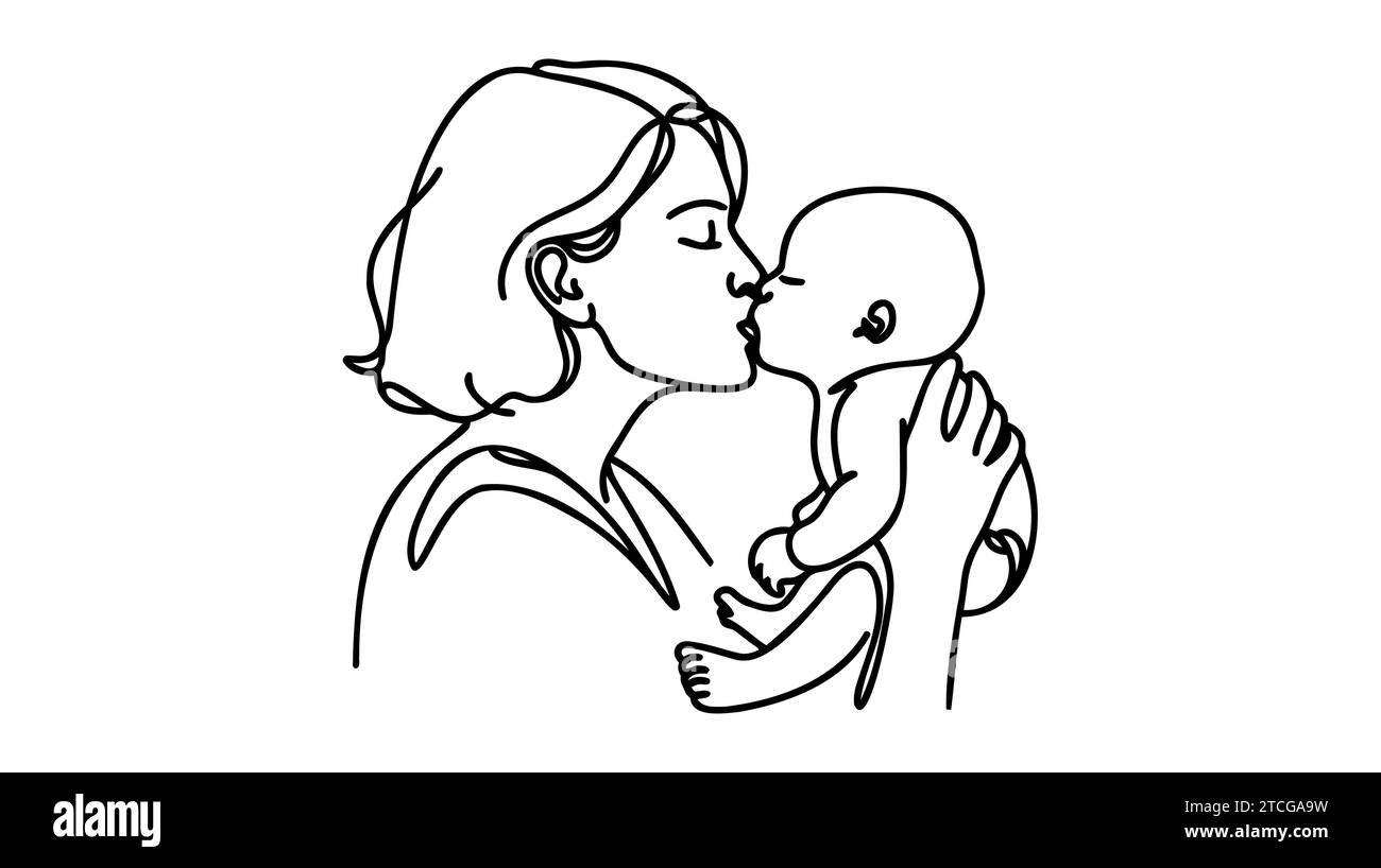 Continuous line drawing mother kisses baby. One line drawing of mother ...
