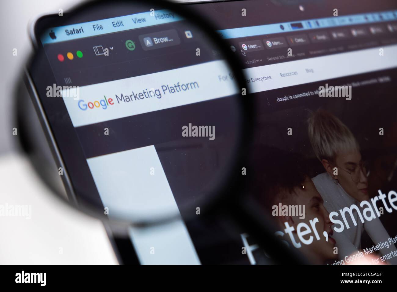Google Marketing Platform logo enlarged through a magnifying glass on a ...