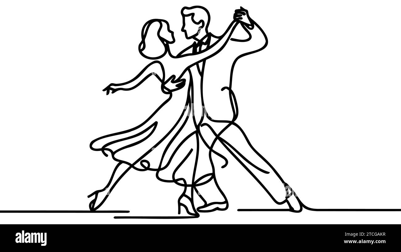Single one line drawing happy cute married man and woman dancing on the ...