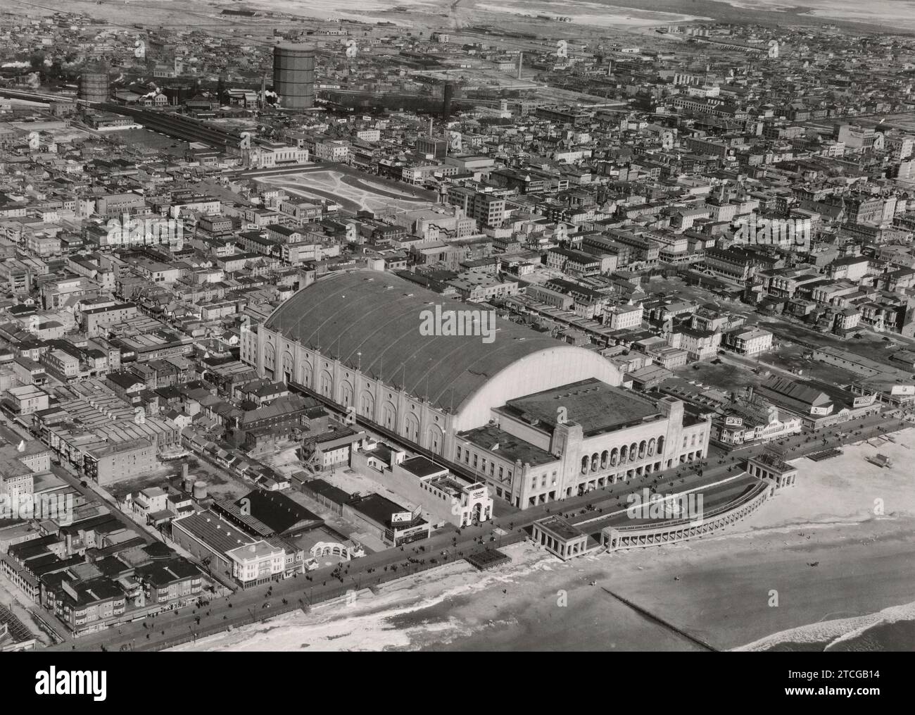 Aerial view of Atlantic City and Boardwalk Hall - March 1936 Stock ...