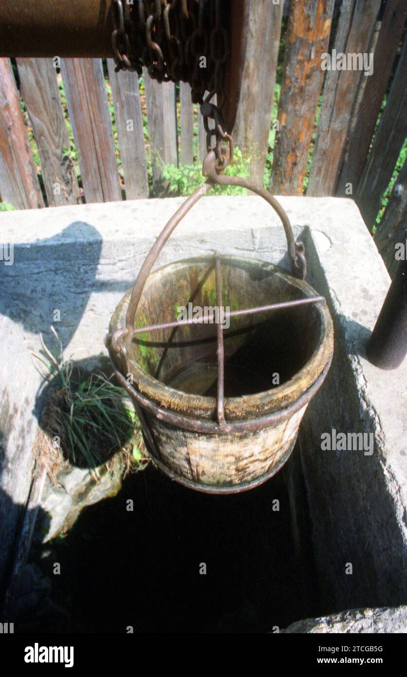 Authentic water well with wheel and wooden bucket in Neamt County ...