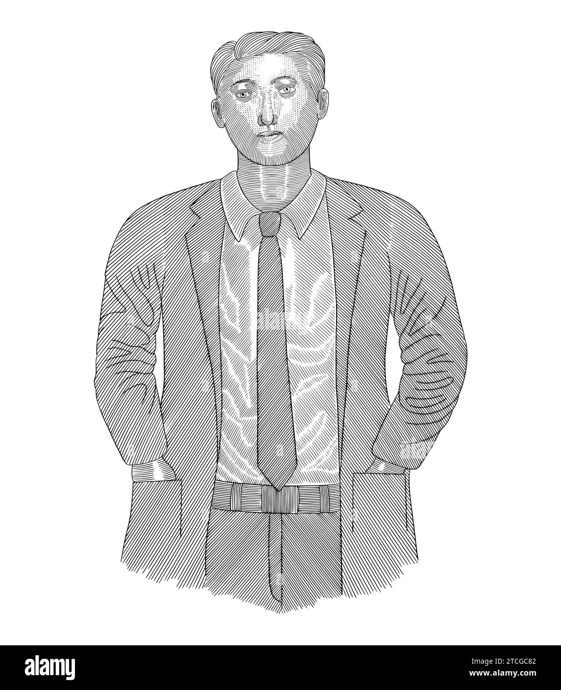 Businessman standing pose with smile on the face, vintage engraving ...