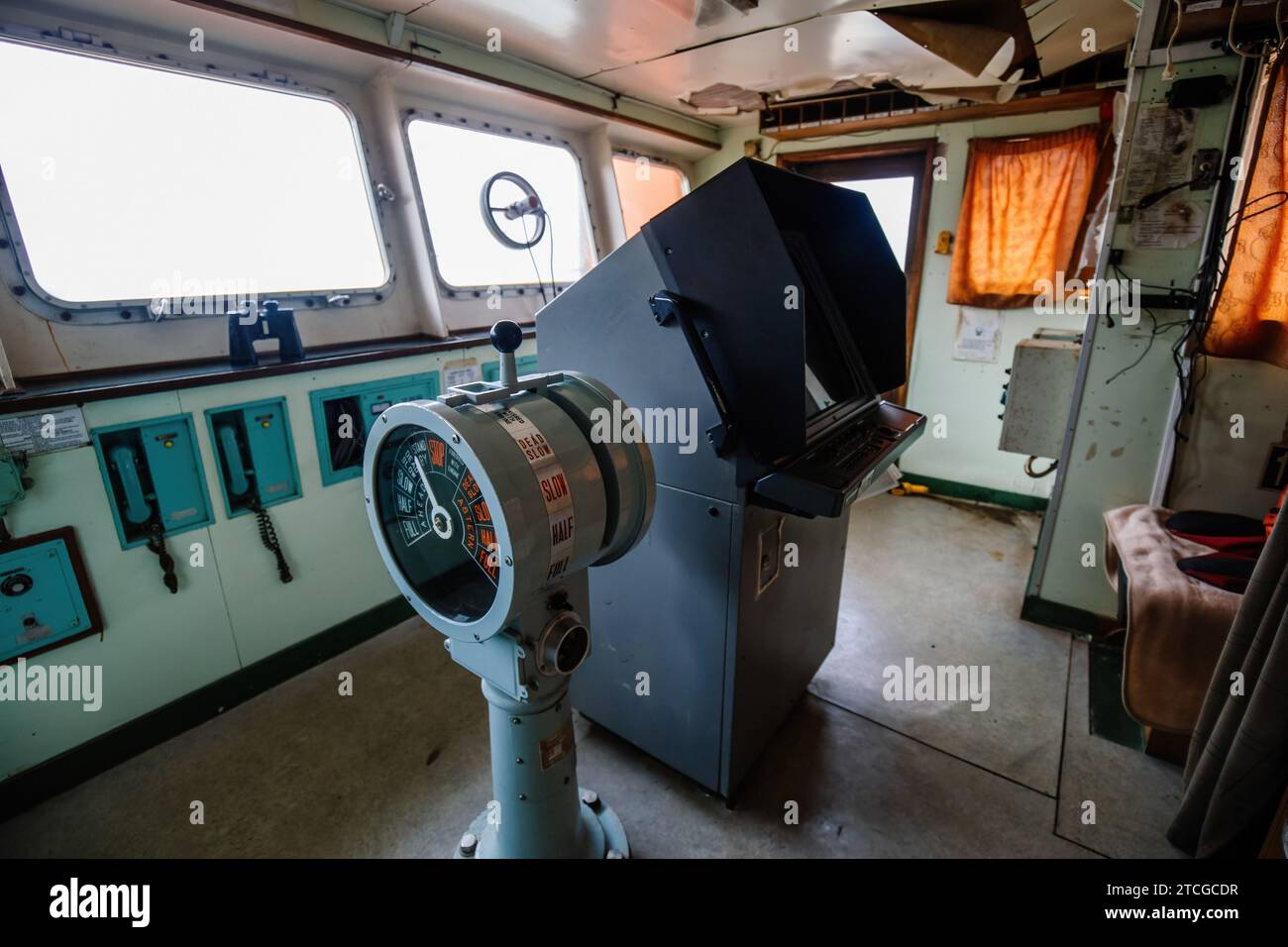 Navigational bridge and control device on old abandoned ship Stock ...