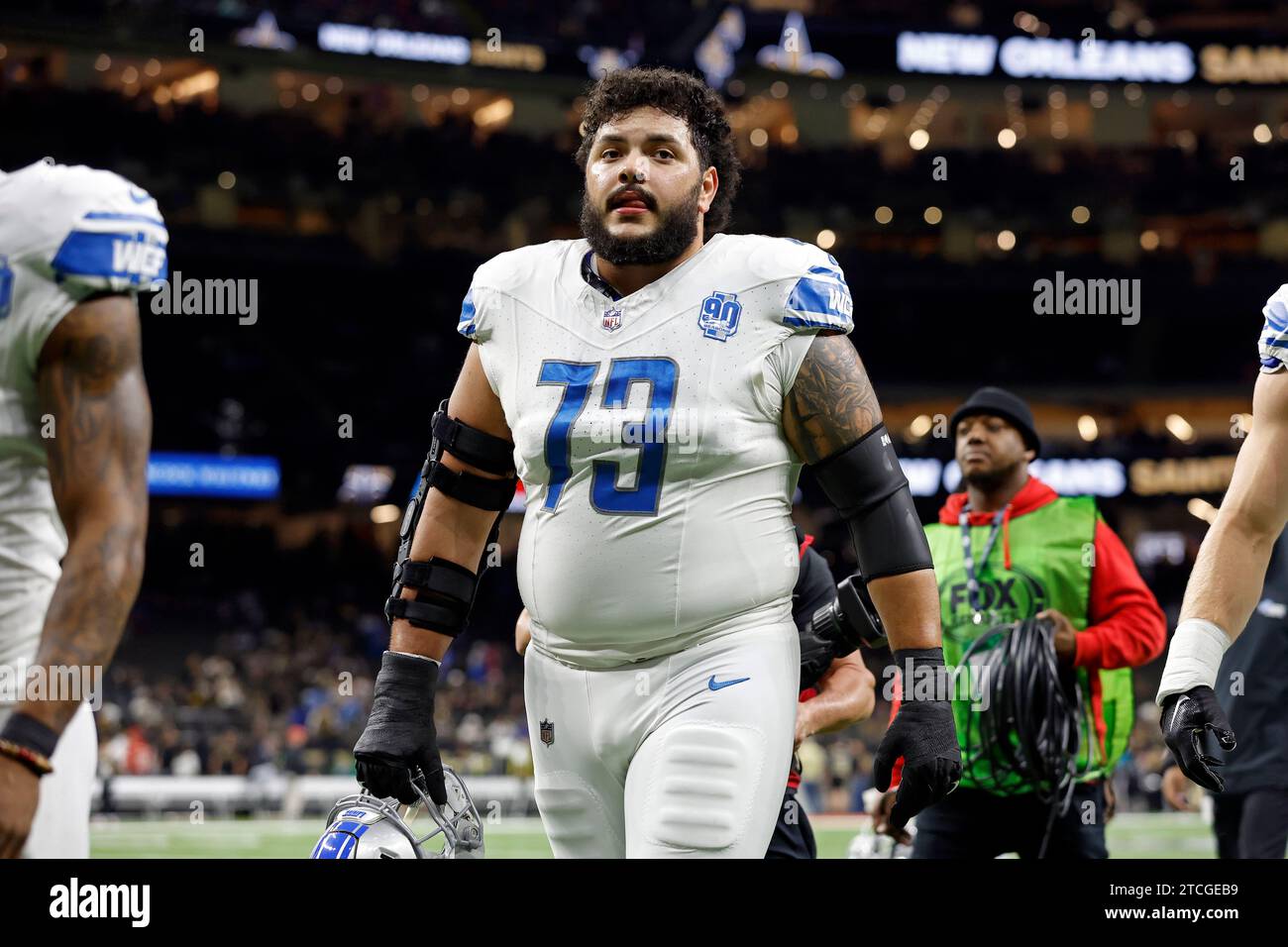 Detroit Lions guard Jonah Jackson (73) warms up before an NFL football ...