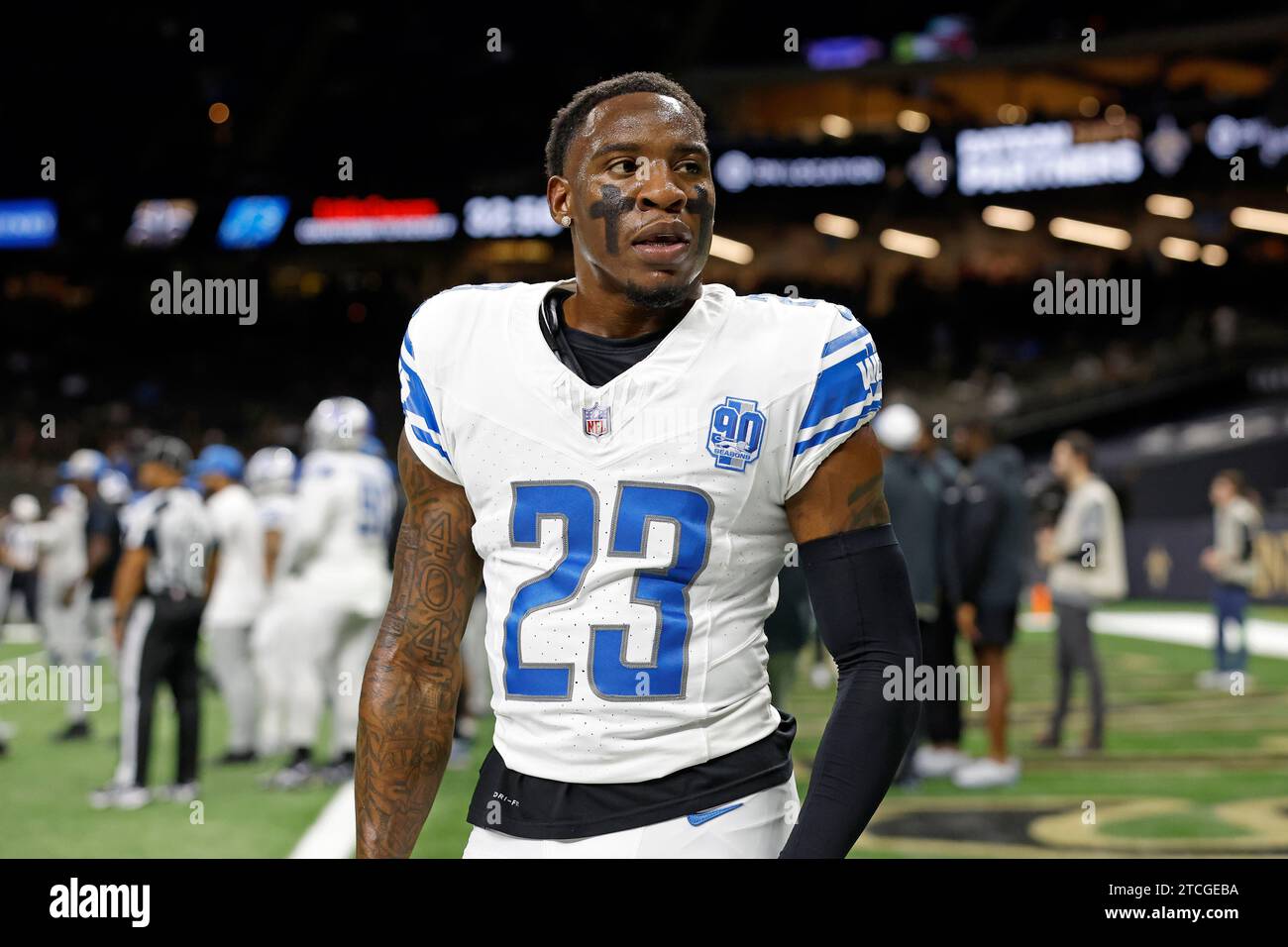 Detroit Lions cornerback Jerry Jacobs (23) warms up before an NFL ...