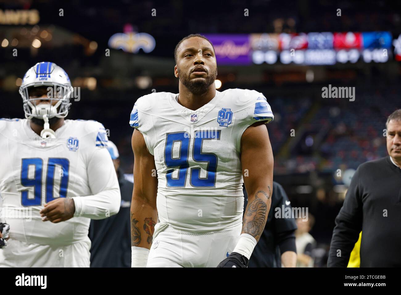 Detroit Lions defensive end Romeo Okwara (95) warms up before an NFL ...