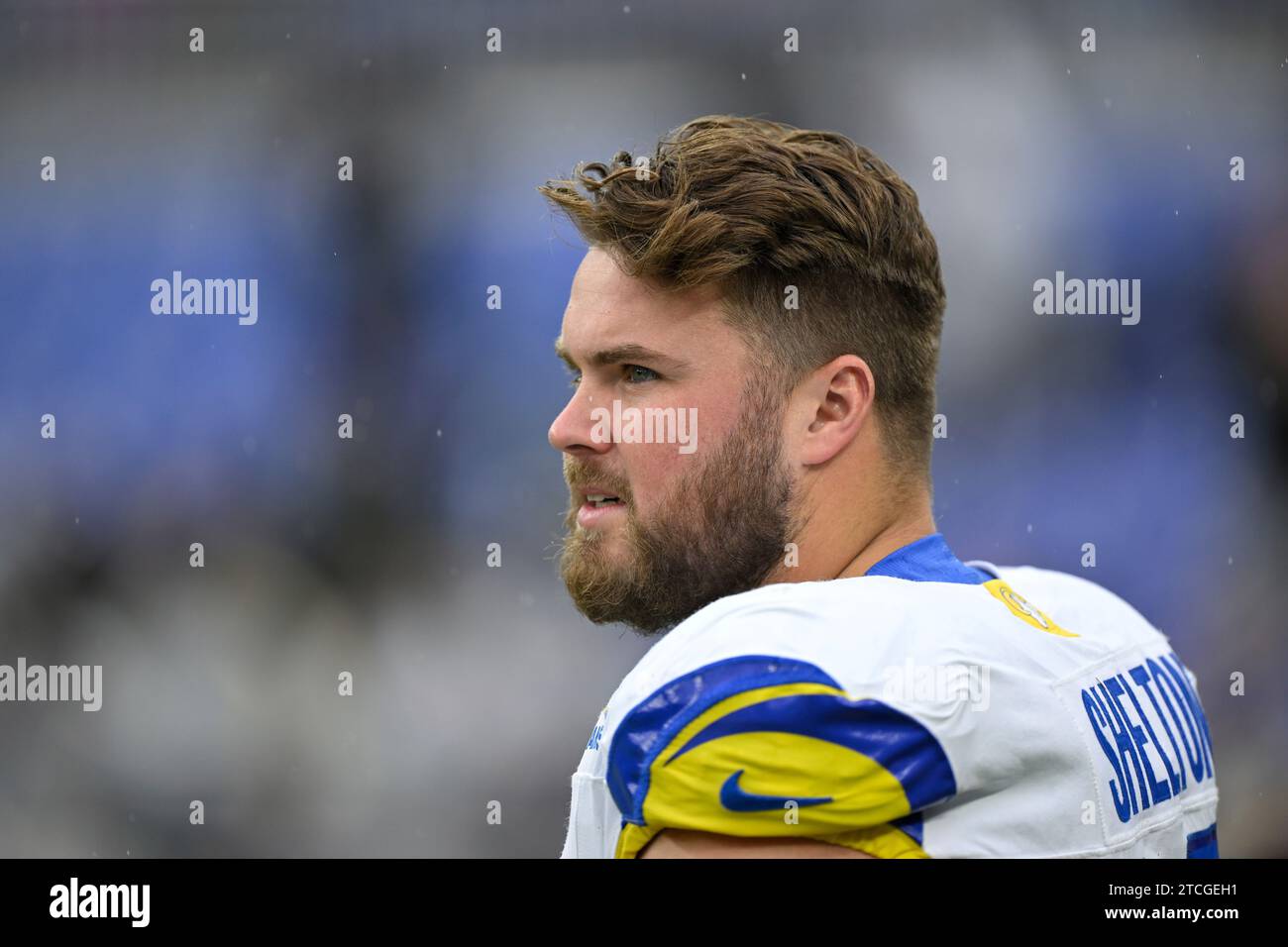 Los Angeles Rams guard Coleman Shelton looks on during pre-game warm ...