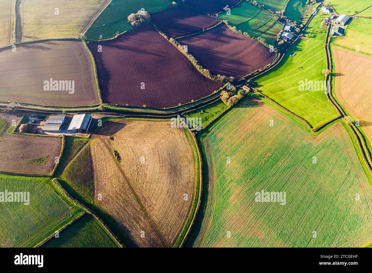 Top Down over Fields and Farms from a drone, Devon, England, Europe ...