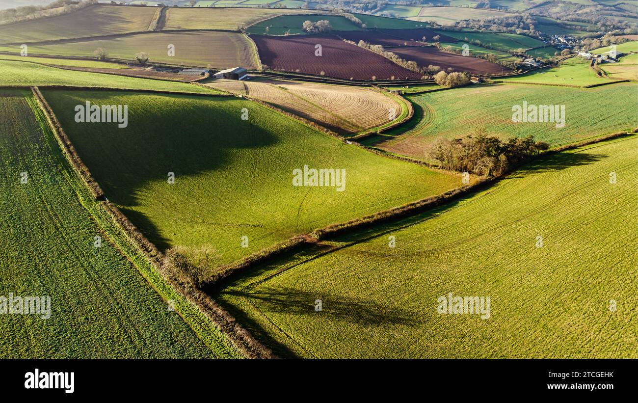 Top Down over Fields and Farms from a drone, Devon, England, Europe ...
