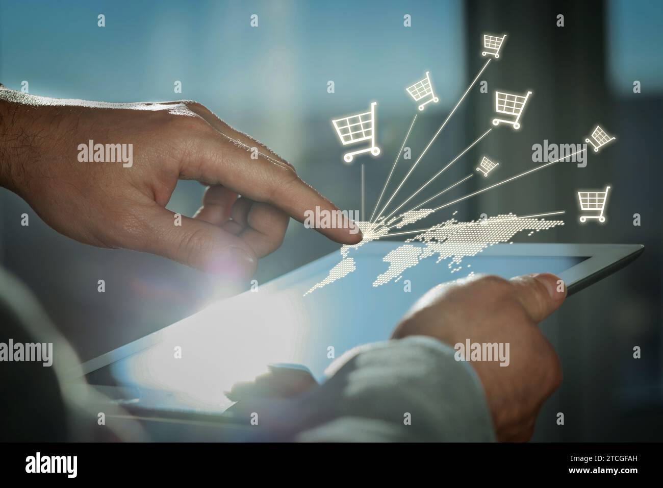 Man using tablet for online purchases on blurred background, closeup ...