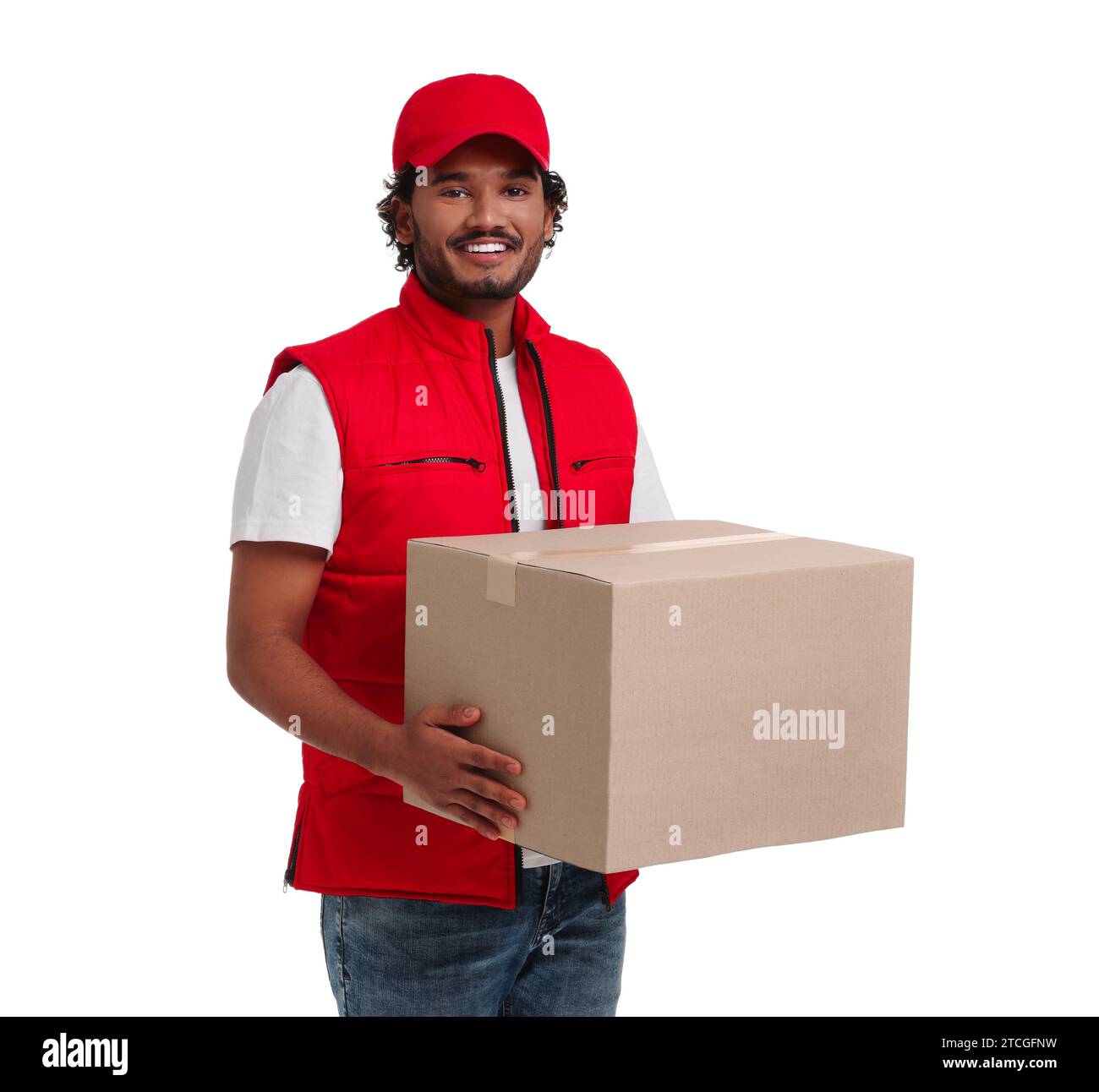 Happy courier with parcel on white background Stock Photo - Alamy
