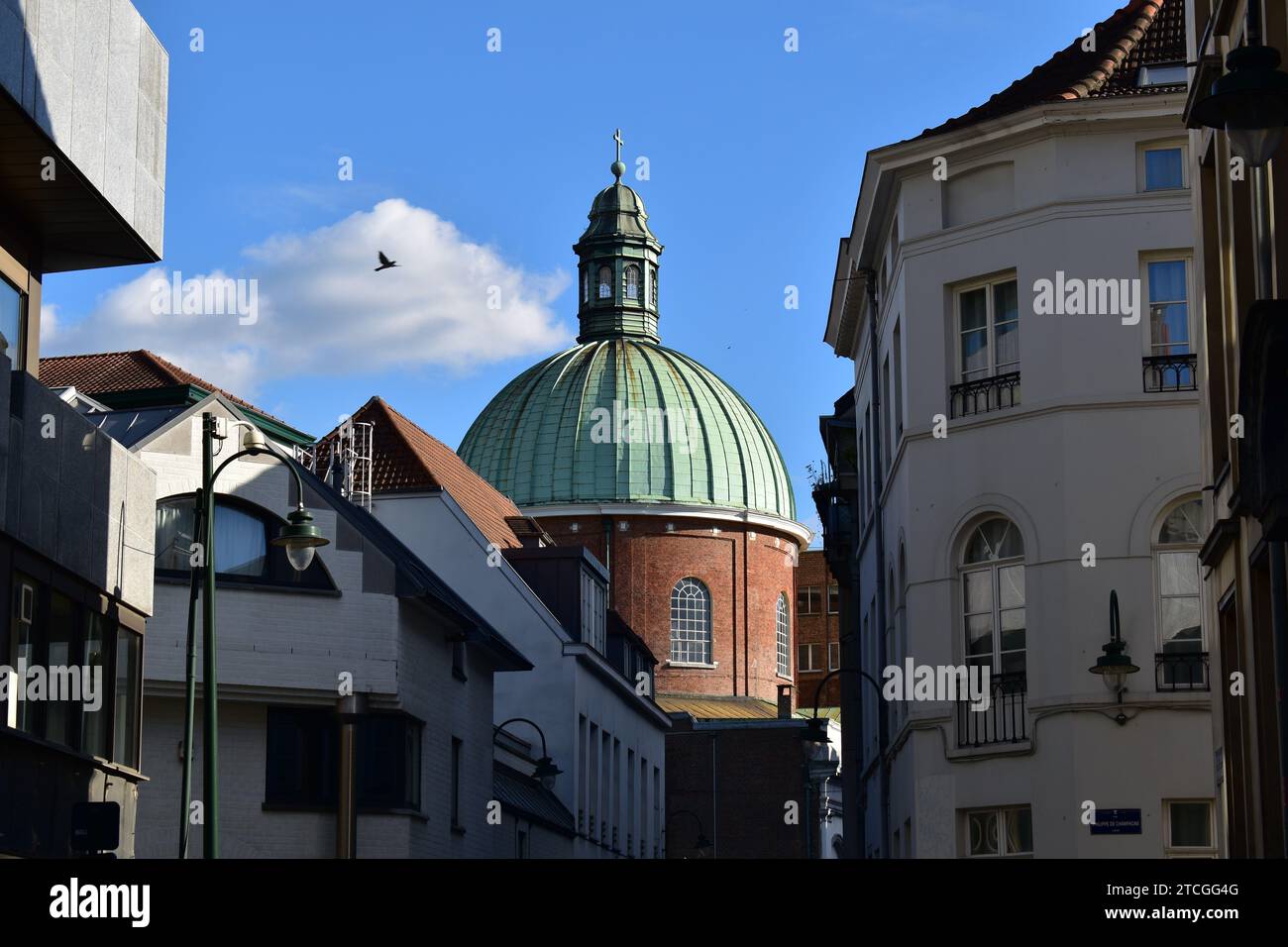 Green oxidized copper dome of the Saint-Michaël church connected to the ...