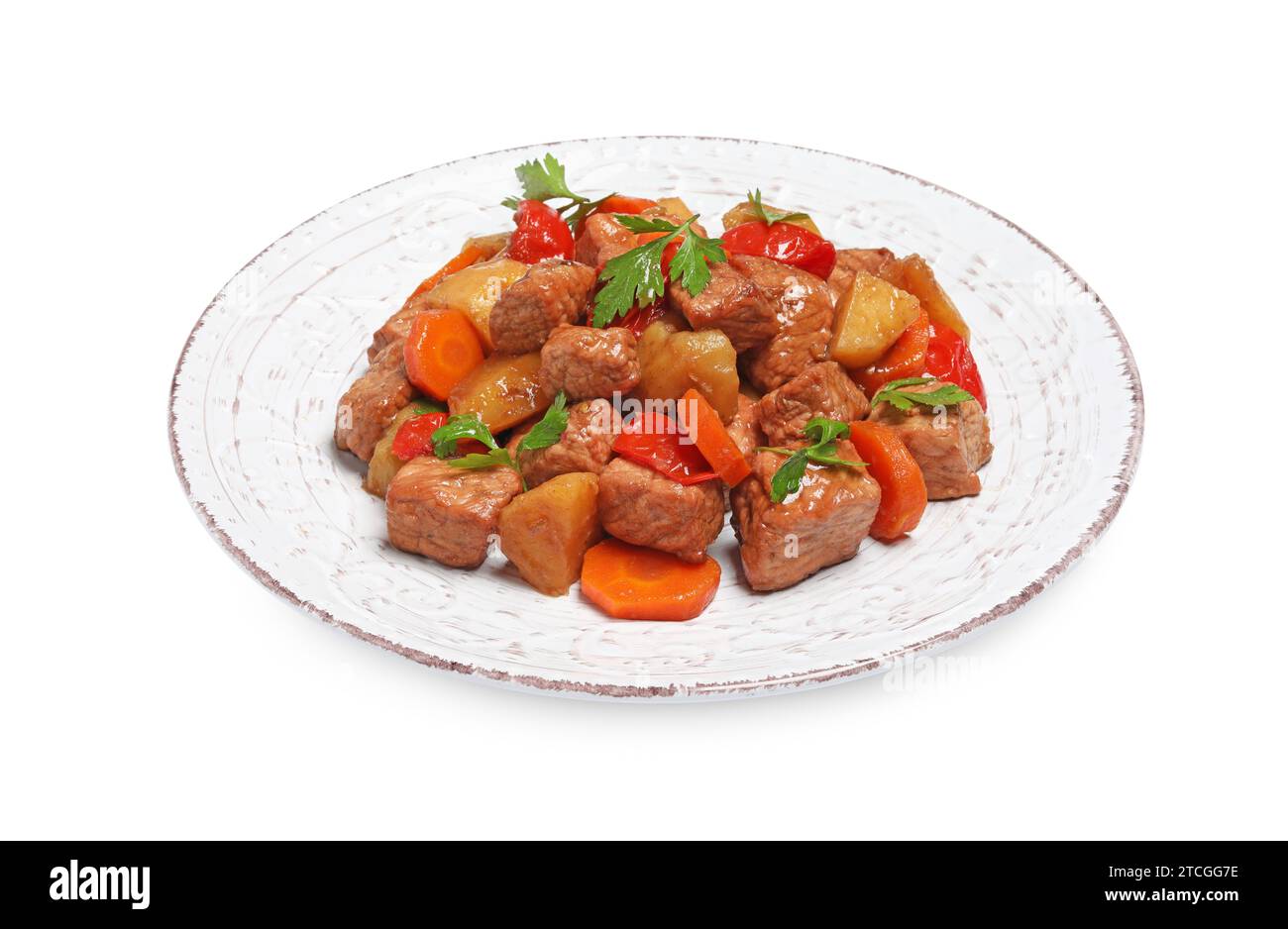 Plate with delicious goulash isolated on white Stock Photo - Alamy